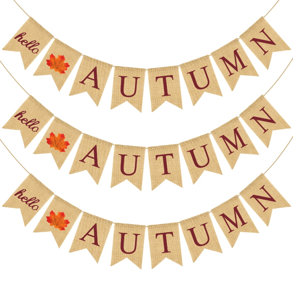 Pixnor HELLO AUTUMN Brown Letter Printing Banner Maple Leaves Bunting ...