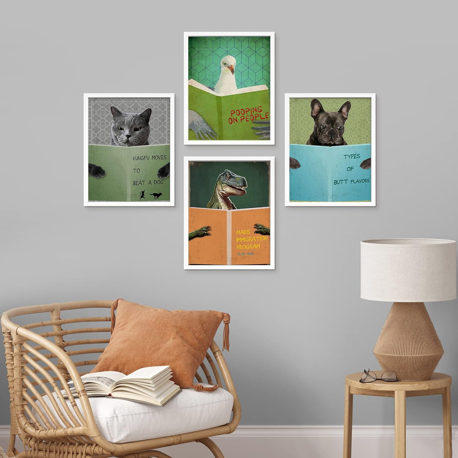 PixonSign 4 PCS Adhesive Canvas Posters, Cat Bird Dinosaur Dog Prints ...