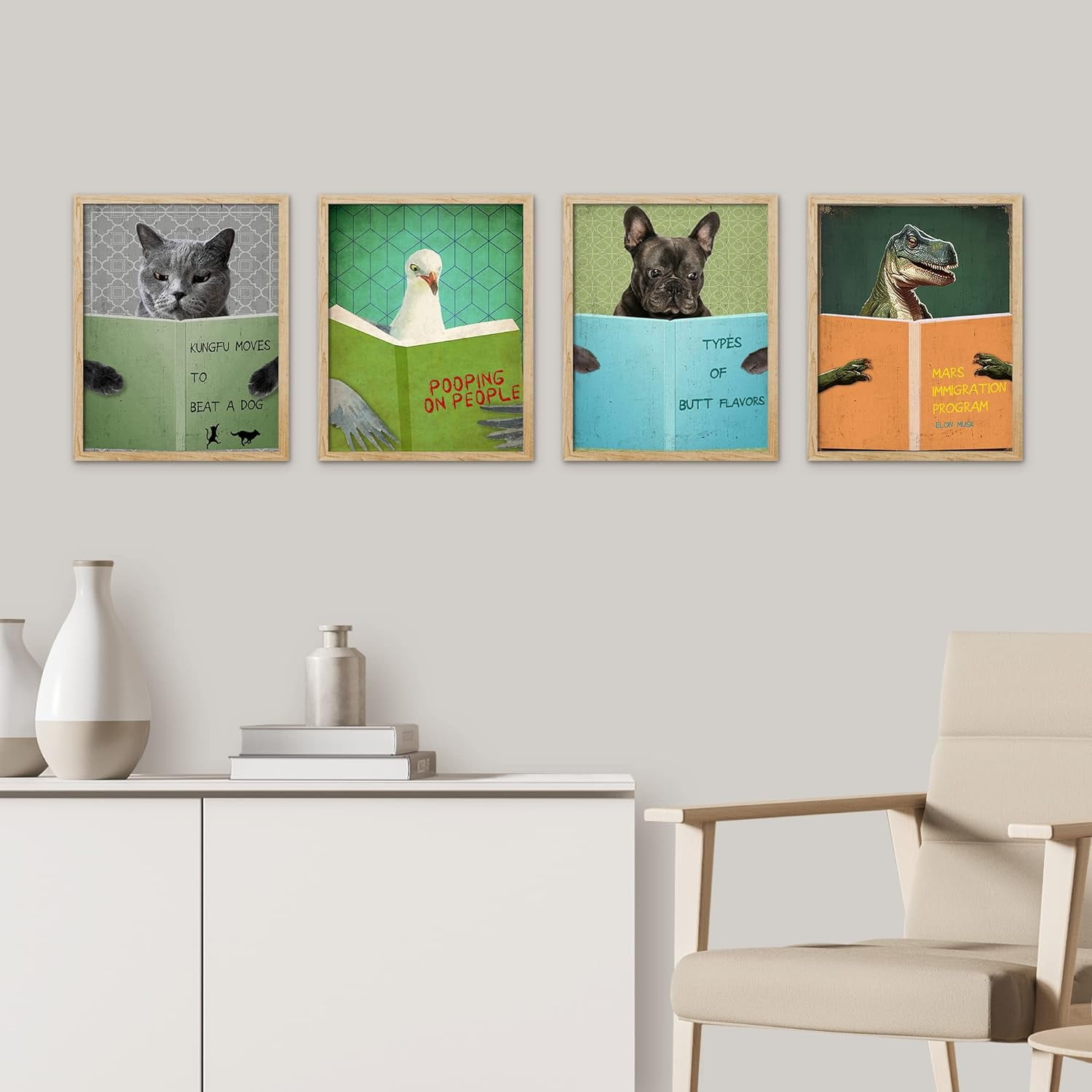 PixonSign 4 PCS Adhesive Canvas Posters, Cat Bird Dinosaur Dog Prints ...