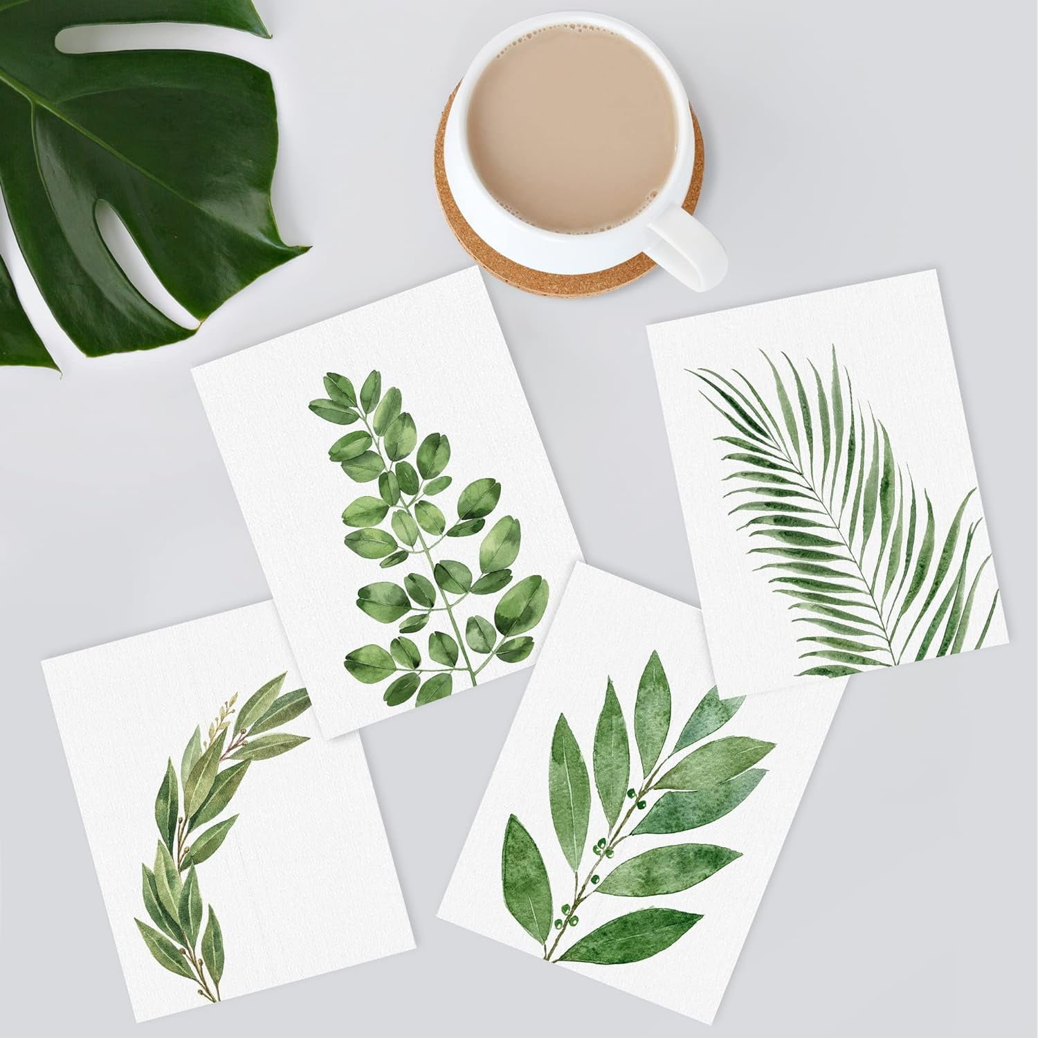 PixonSign 4 PCS Frameless Wall Art Set Dark Green Pastel Palm Leaf ...