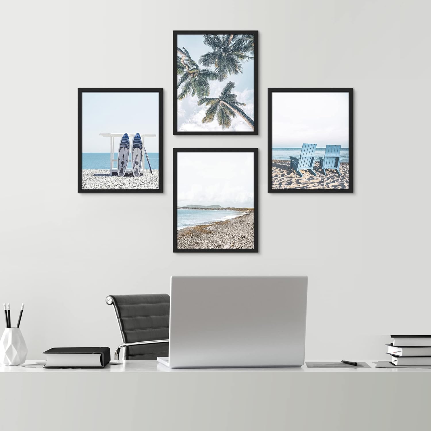 PixonSign 4 PCS Posters Office White Surfboard Tropical Palm Tree Beach ...