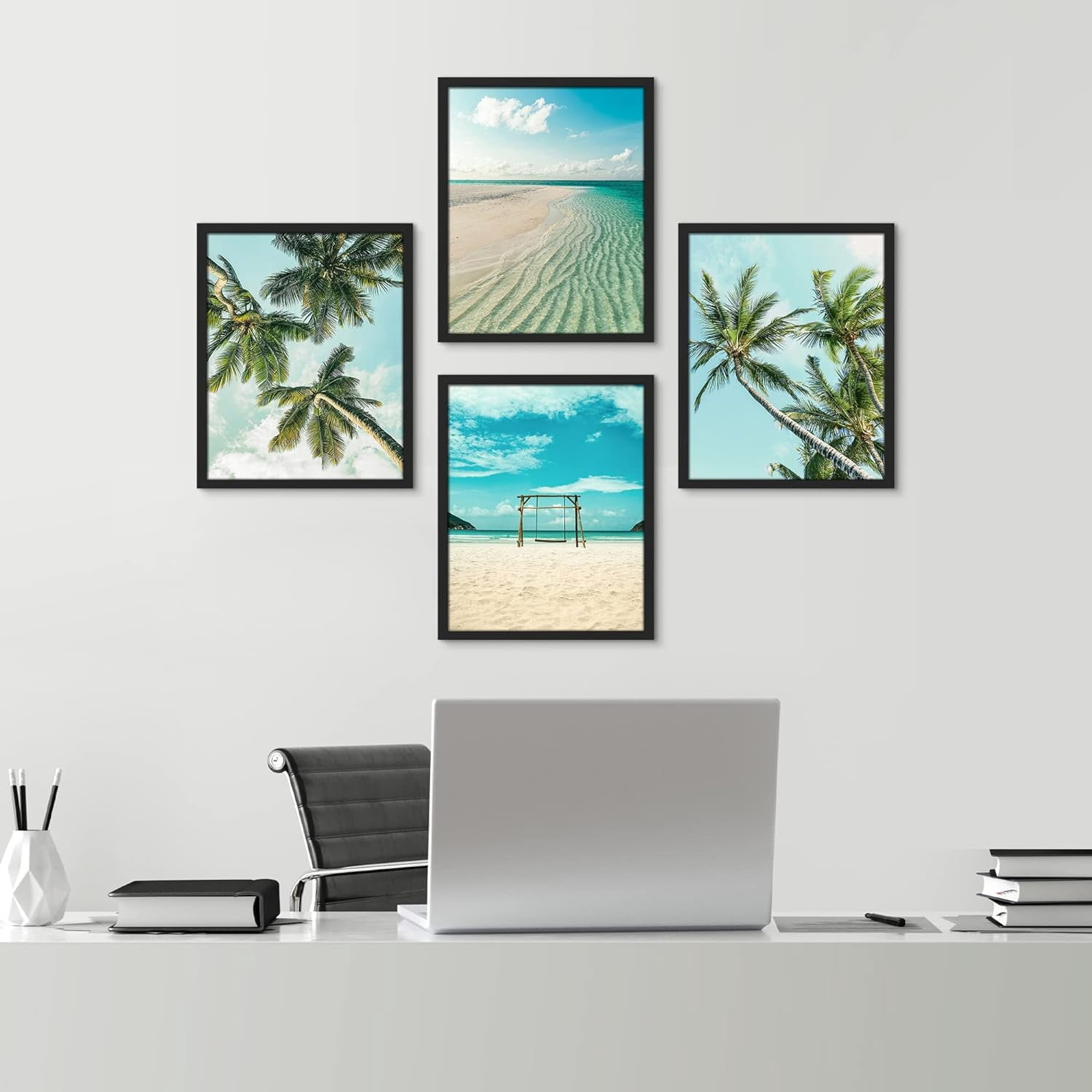 PixonSign 4 PCS Posters White Topical Teal Sky Palm Tree Beach Ocean ...