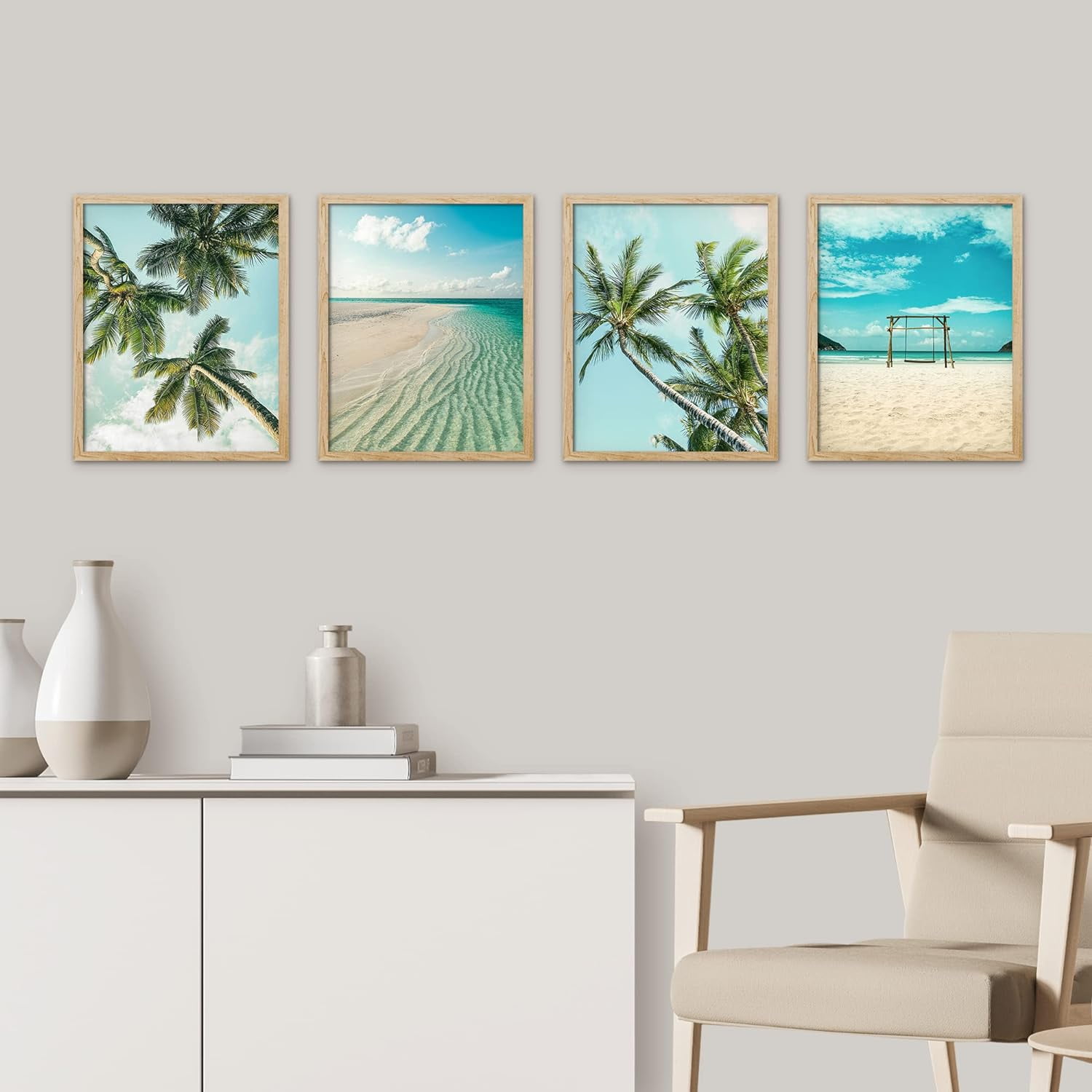 PixonSign 4 PCS Posters White Topical Teal Sky Palm Tree Beach Ocean ...