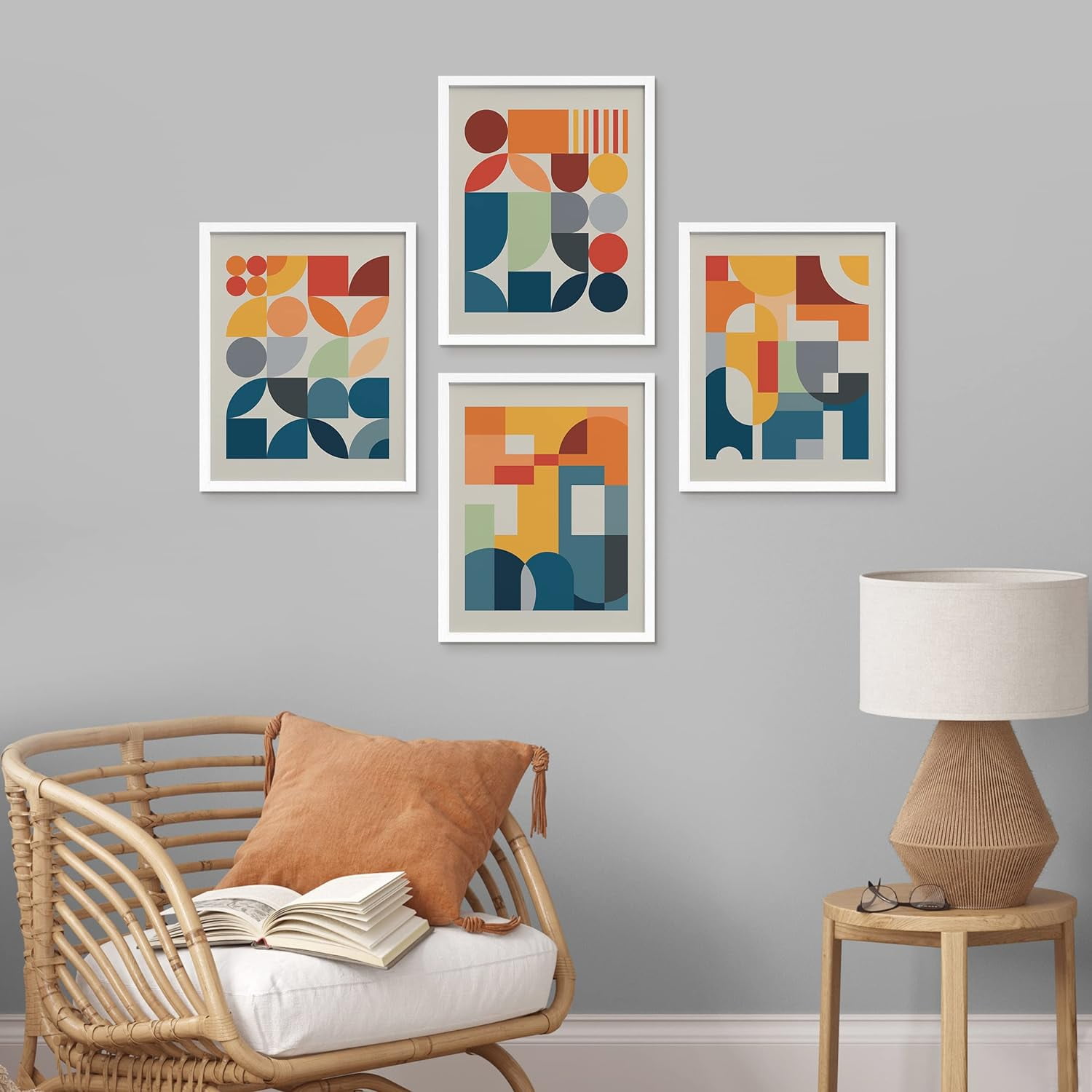 PixonSign 4PCS Adhesive Canvas Posters Mid-Century Modern Colorful Geometric Polygons Abstract ...