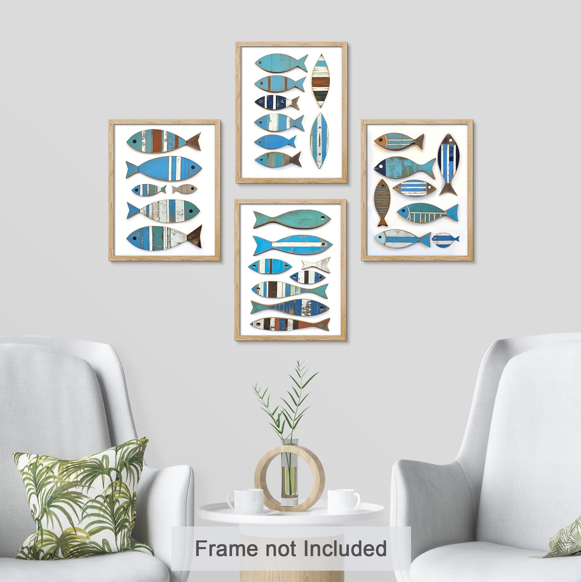 PixonSign Adhesive Wall Art Coastal Charm Wooden Fish Illustrations ...