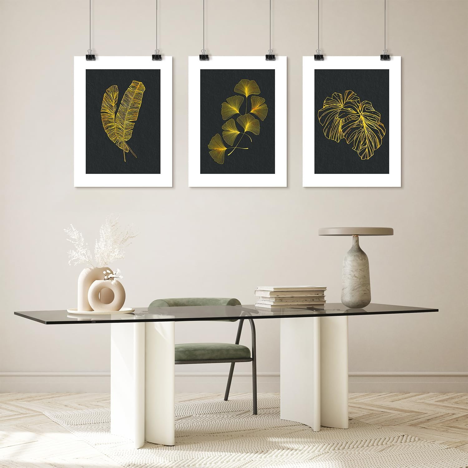 PixonSign Adhesive Wall Art Leaves Posters, Set of 3 Gold Line ...