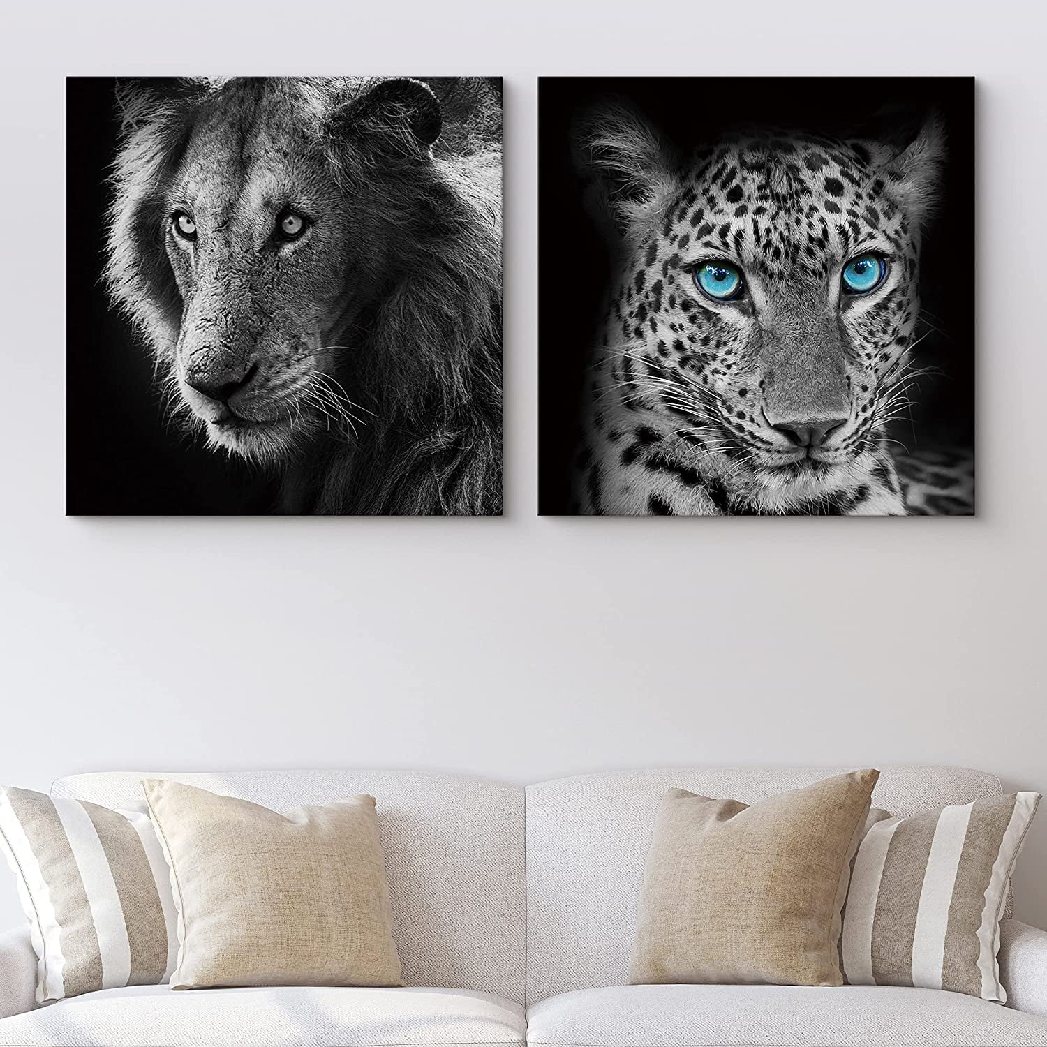 PixonSign Canvas Print Wall Art High Contrast Lion & Leopard Close-Up ...