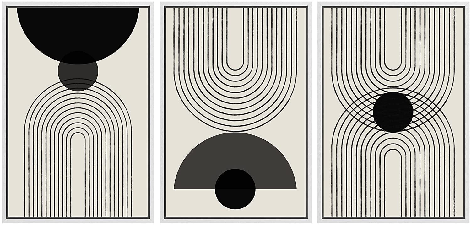 PixonSign Framed Canvas Art, Black Semi-Circle & Line Parabola Abstract ...