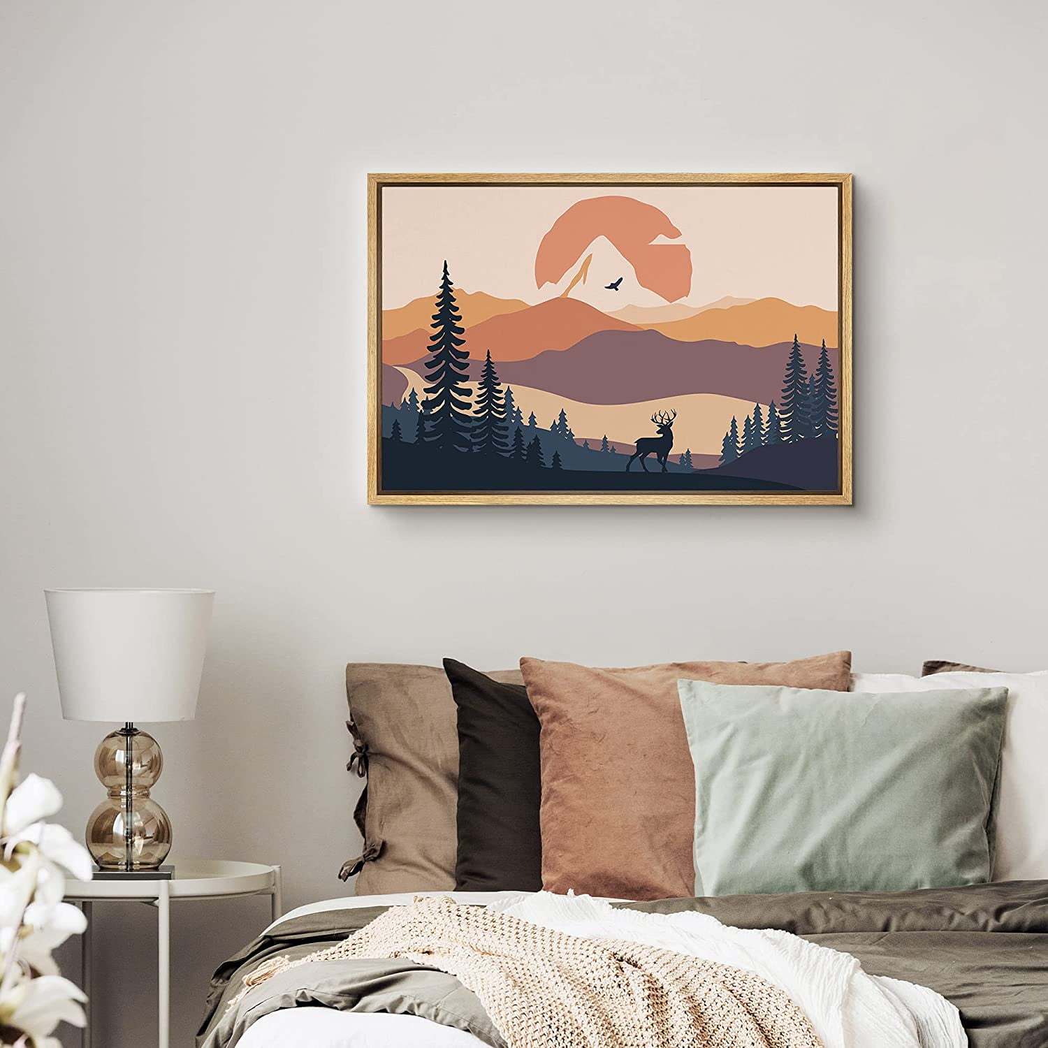 PixonSign Framed Canvas Print Wall Art Elk Over Orange Forest Landscape ...