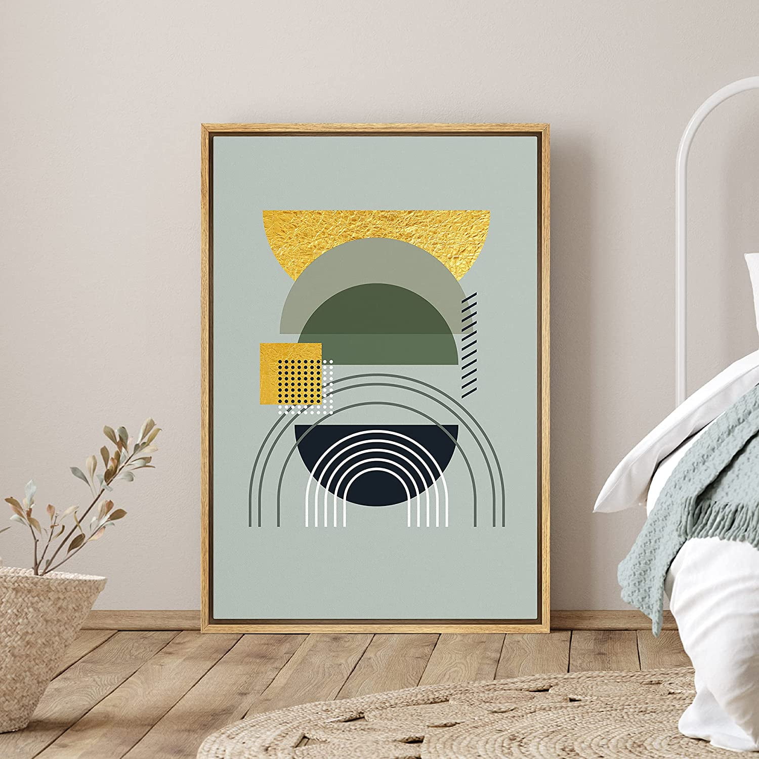 PixonSign Framed Canvas Print Wall Art Geometric Gold and Green Semi ...