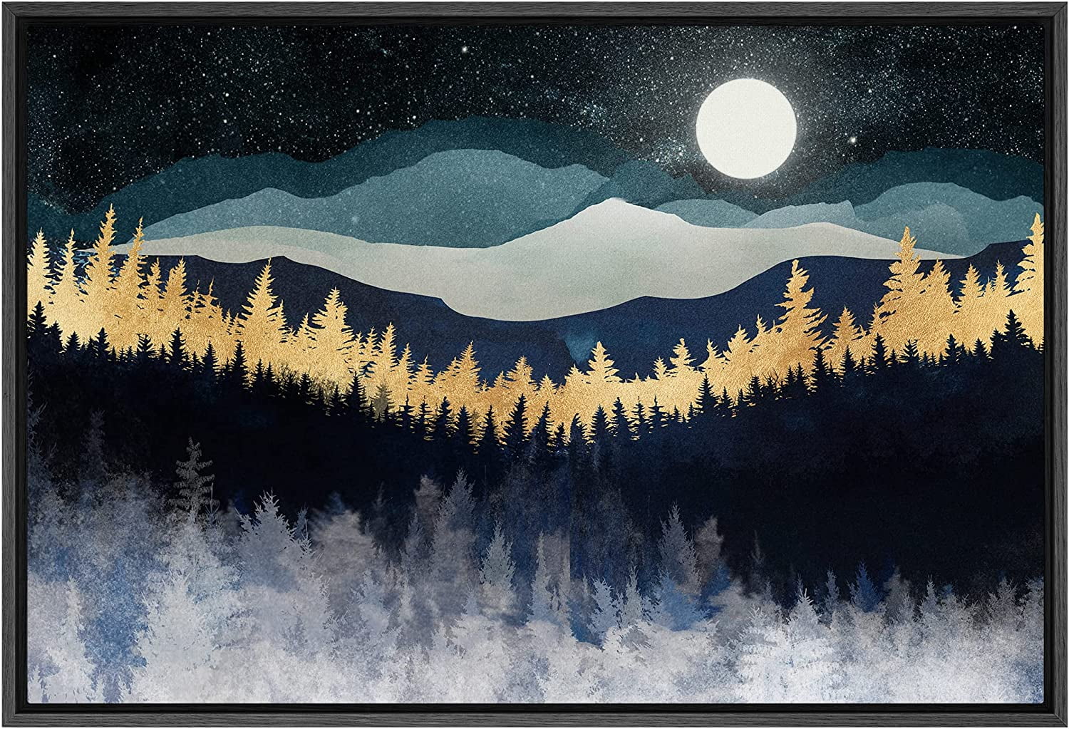 PixonSign Framed Canvas Print Wall Art Gold Blue Moonlight Mountain Forest Nature Wilderness ...