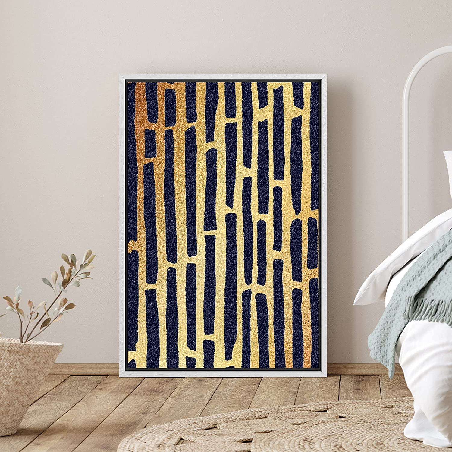 PixonSign Framed Canvas Print Wall Art Long Black Line Pattern on Gold ...
