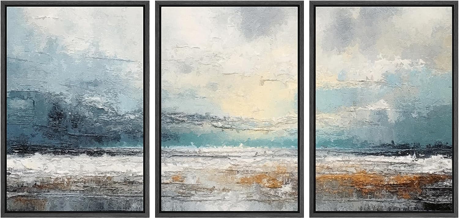 PixonSign Framed Canvas Print Wall Art Set Blue Ocean Waterfront ...