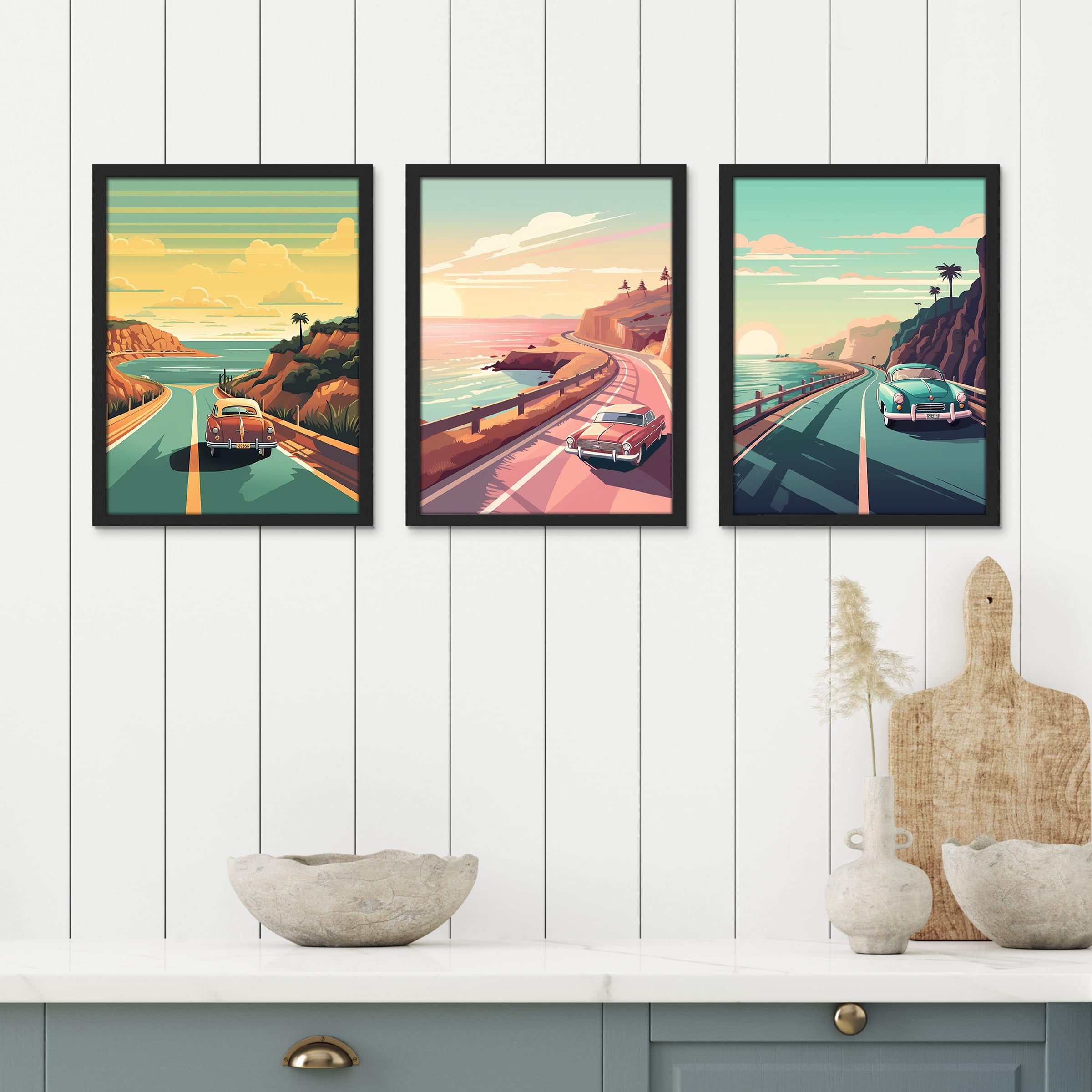 PixonSign Framed Canvas Print Wall Art Set - Boho Winding Road Mountain ...