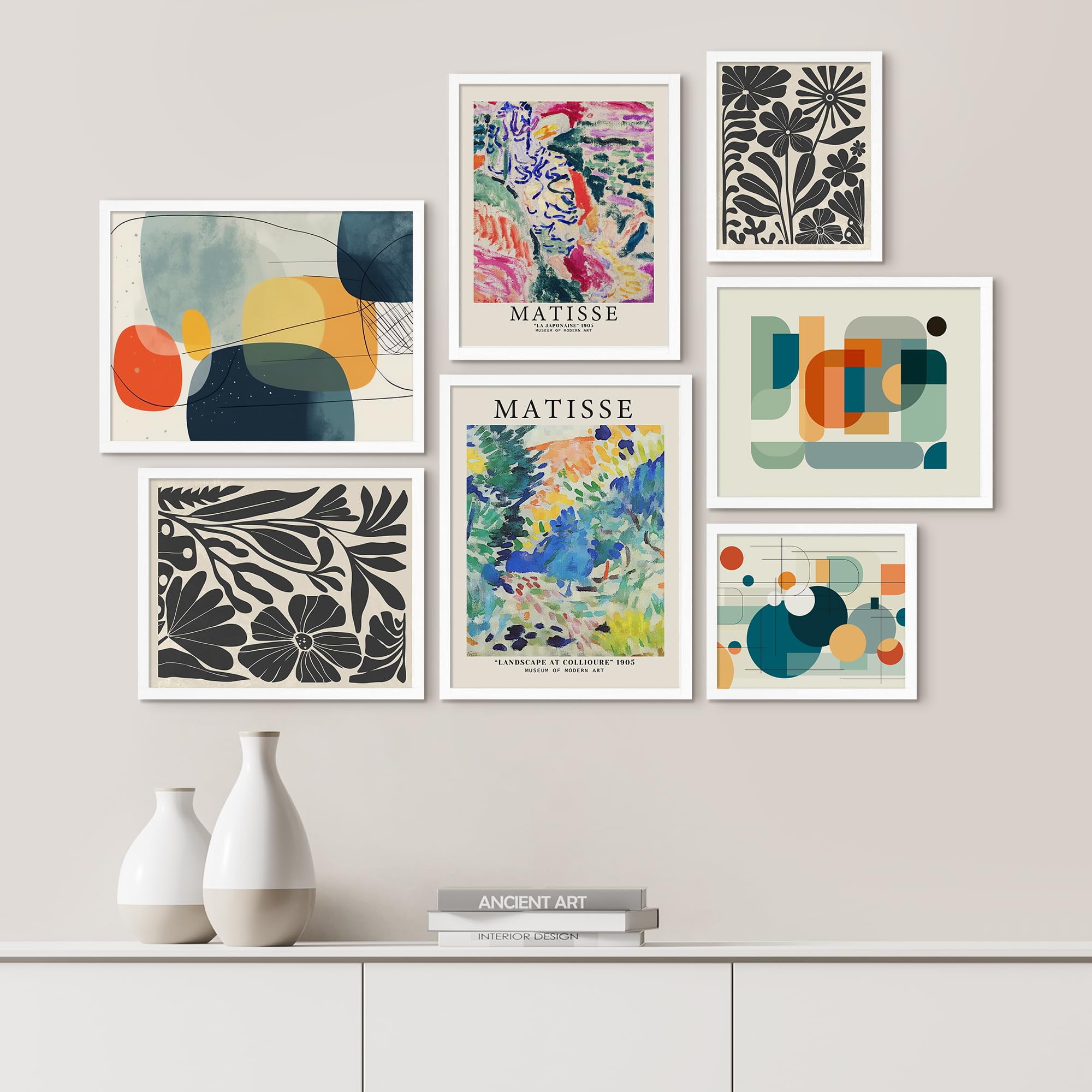PixonSign Framed Canvas Print Wall Art Set - Geometric Mid-Century ...