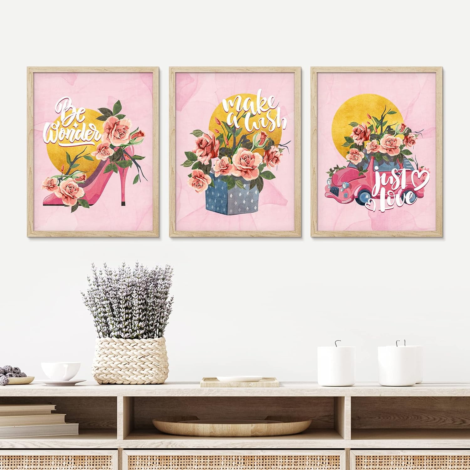 PixonSign Framed Canvas Print Wall Art Set - High Heel & Car Pink Rose ...