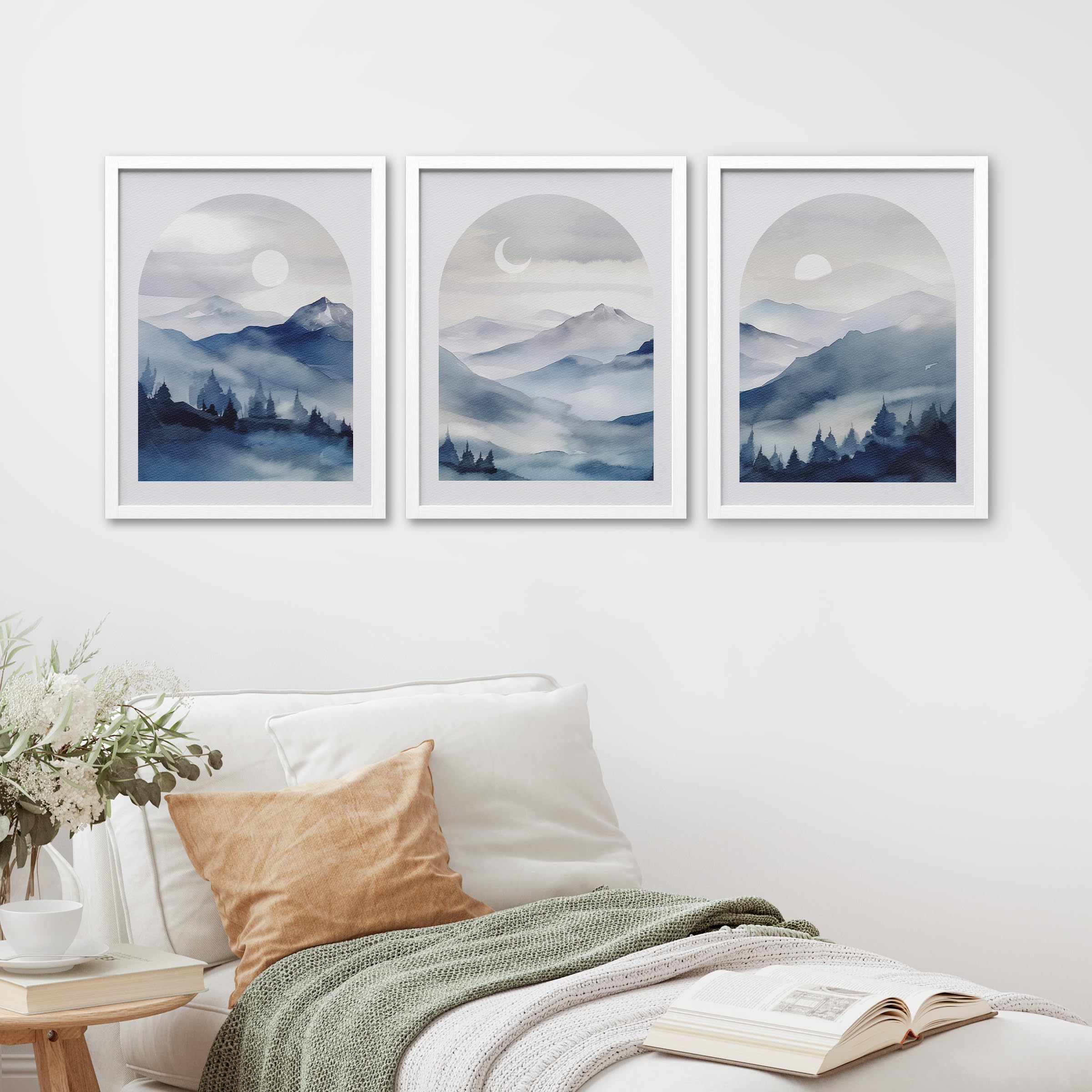 PixonSign Framed Canvas Print Wall Art Set - Moonlit Peaks Blue Tones ...