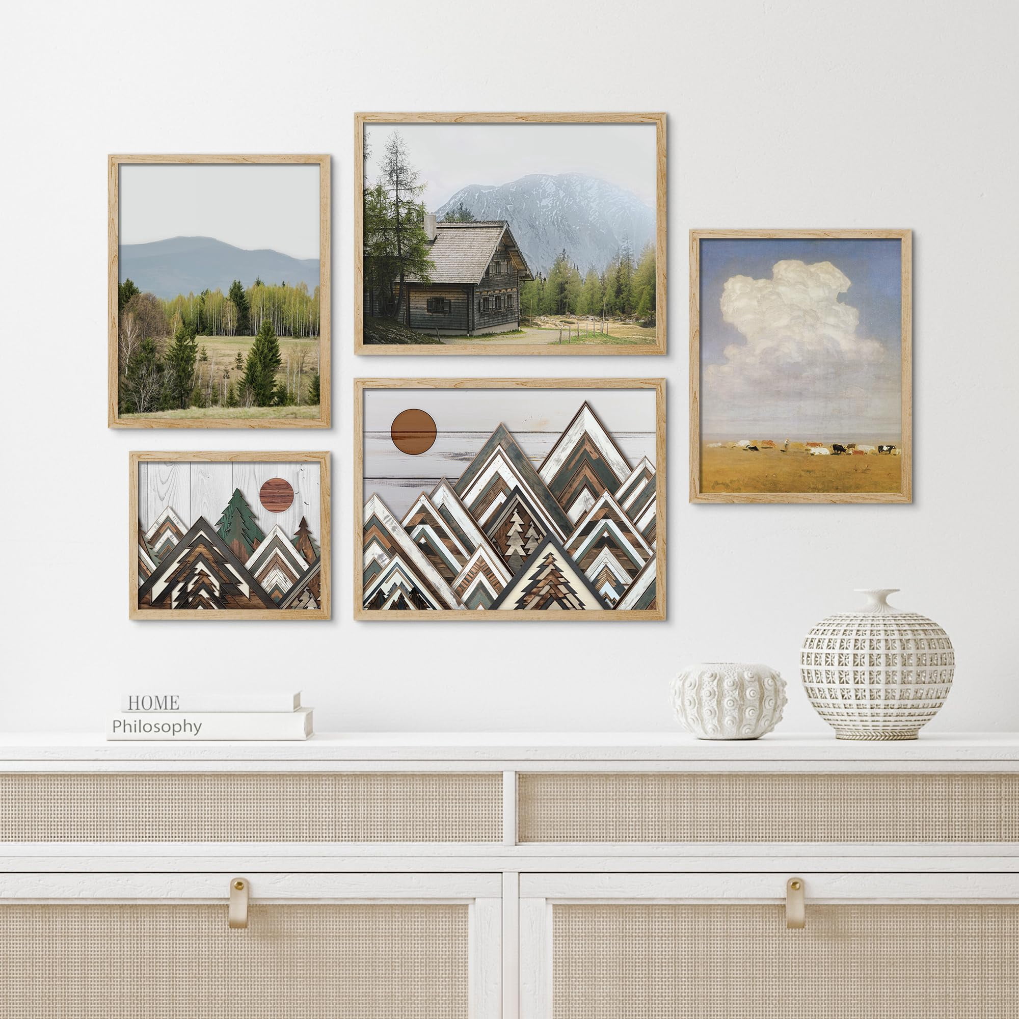 PixonSign Framed Canvas Print Wall Art Set - Mountain Range Sun Forest ...