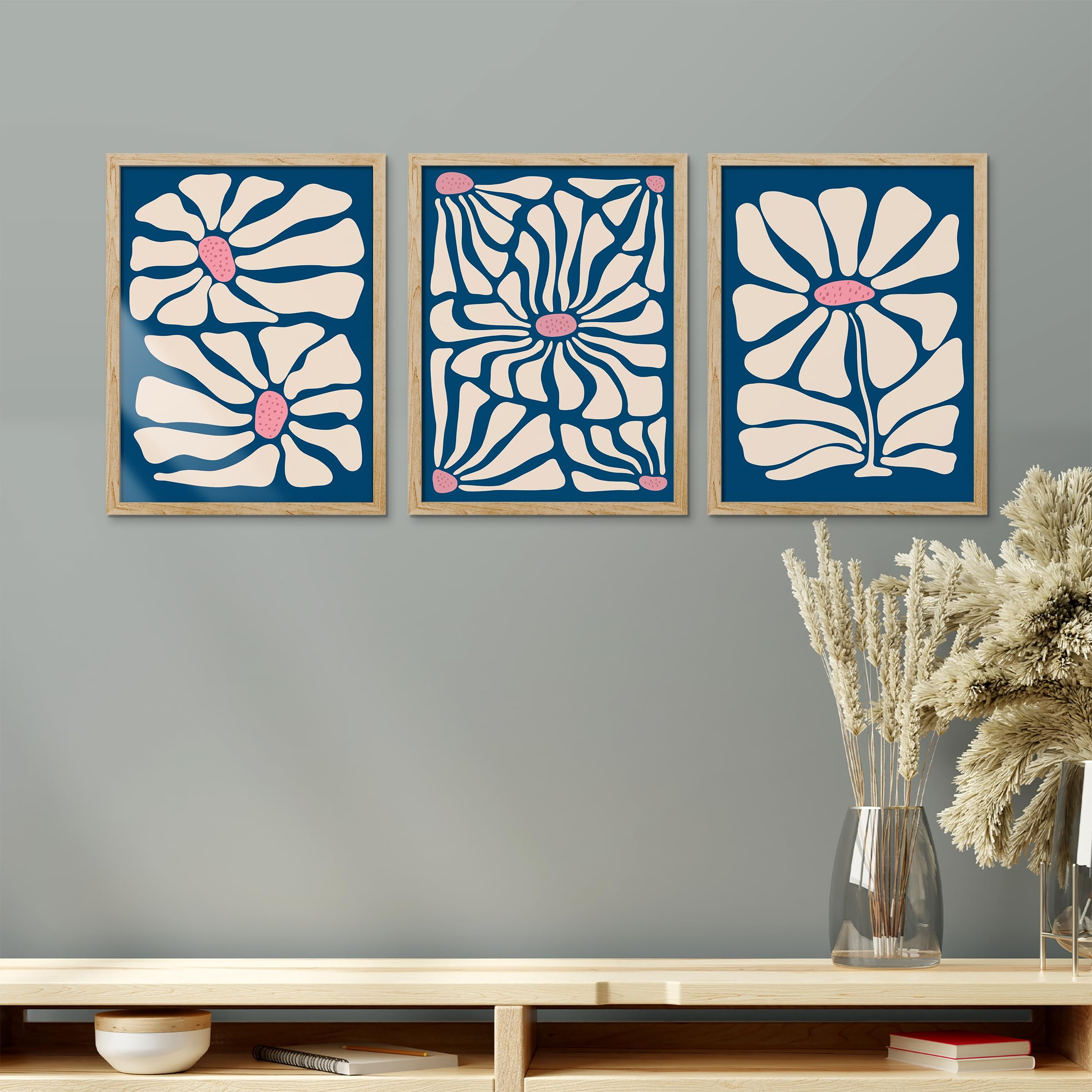 PixonSign Framed Canvas Print Wall Art Set - Navy Blue Blush Pink Daisy ...