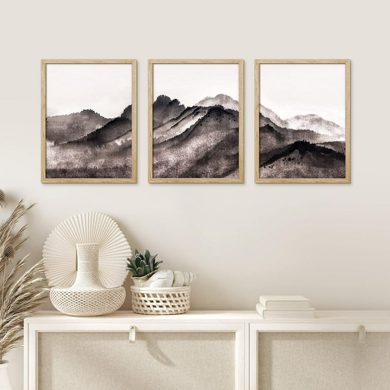 PixonSign Framed Canvas Print Wall Art Set Pastel Brown Grunge Mountain Range Valley Art Set of 3 Nature Landscape Art Abstract Modern Print