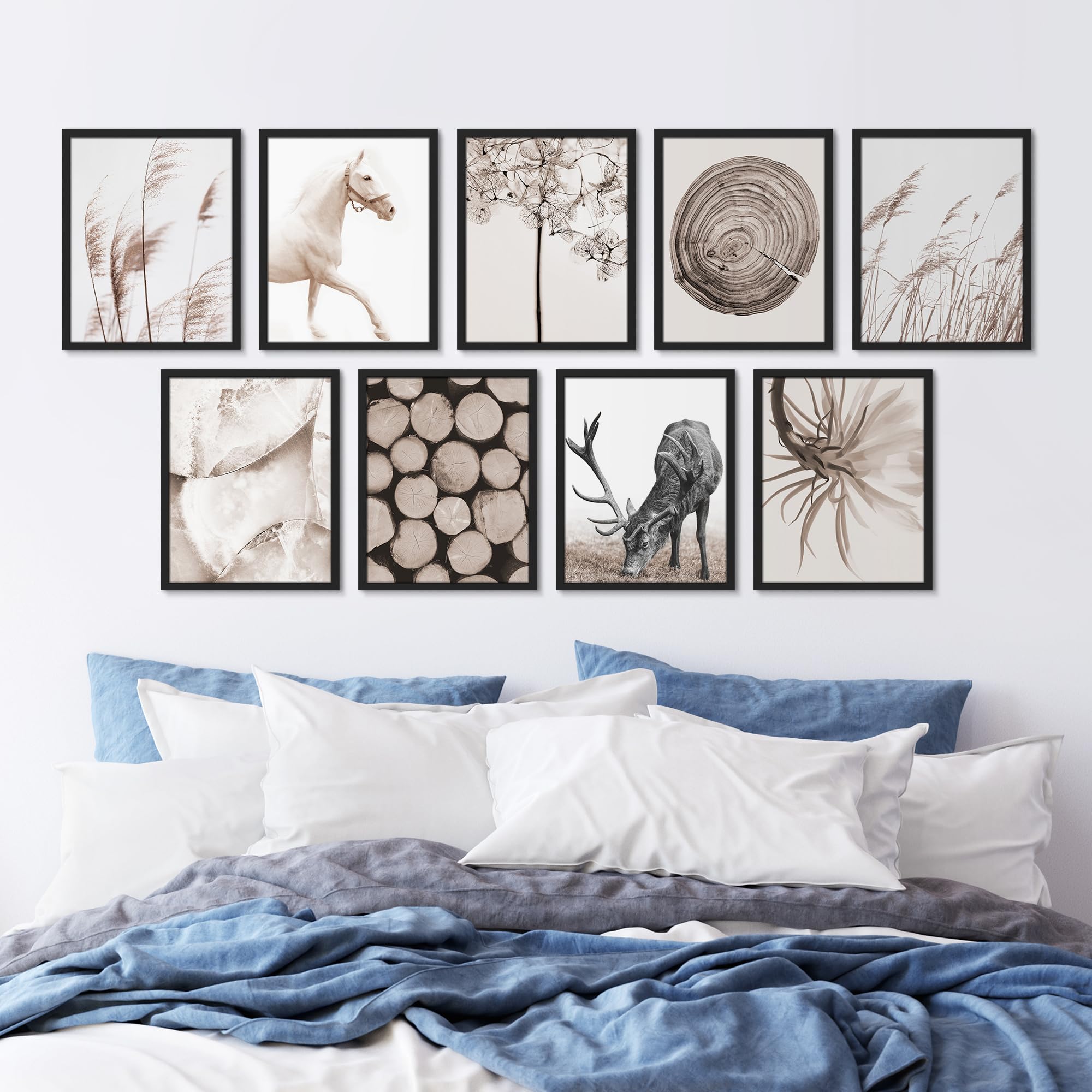 PixonSign Framed Canvas Print Wall Art Set - Sepia Horse & Deer Animal ...