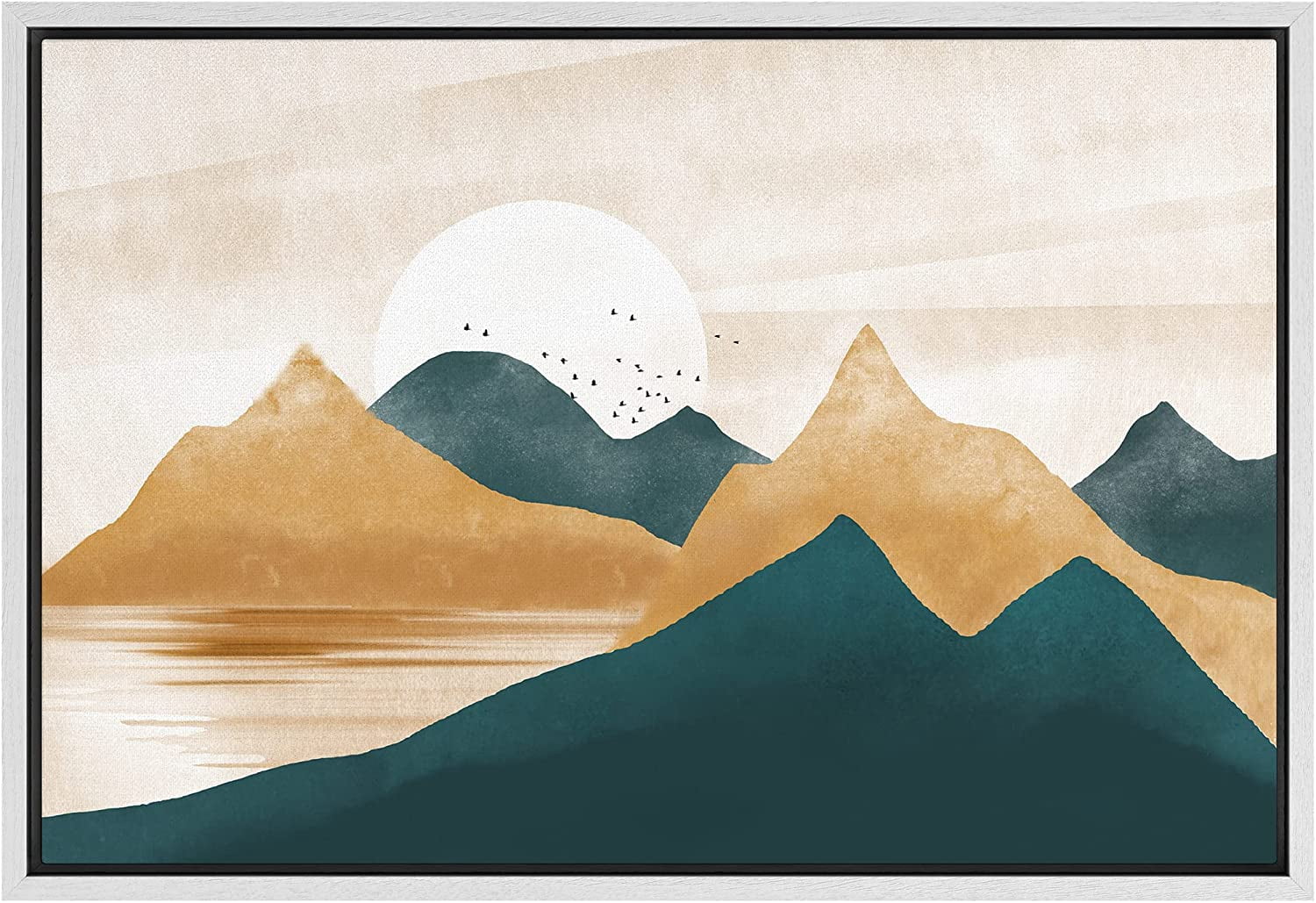 PixonSign Framed Canvas Print Wall Art Set Teal Tan Mountain Range ...