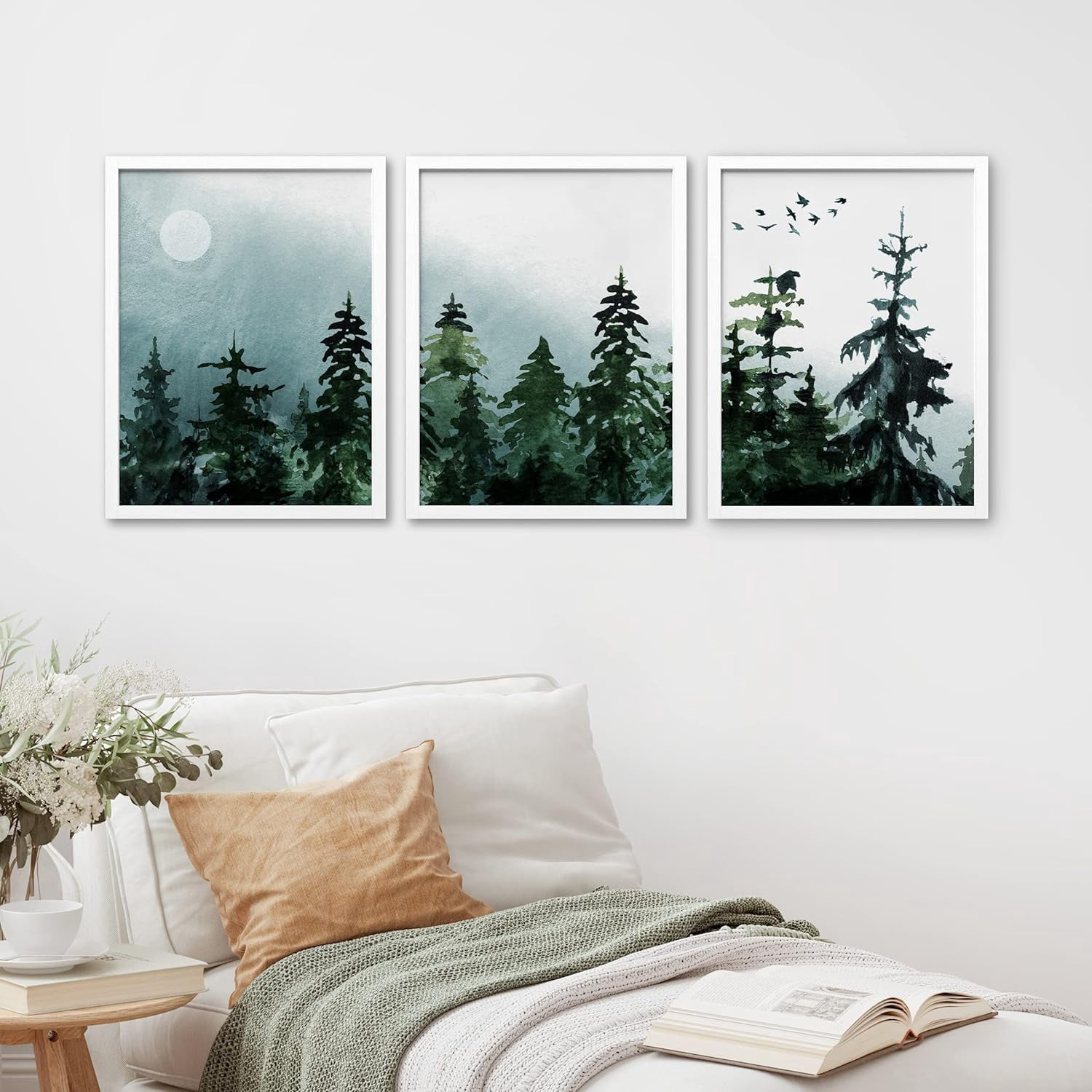 PixonSign Framed Canvas Print Wall Art Set - Watercolor Moon & Bird ...