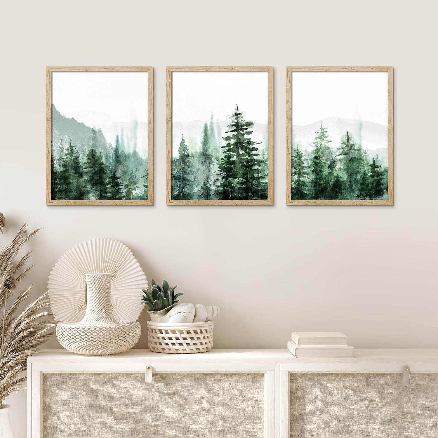PixonSign Framed Canvas Print Wall Art Set - Watercolor Pine Tree ...