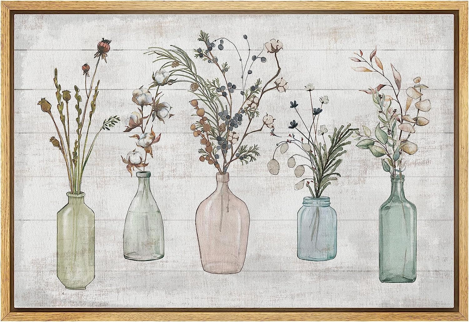 PixonSign Framed Canvas Print Wall Art Wood Panel Flowers In Glass ...
