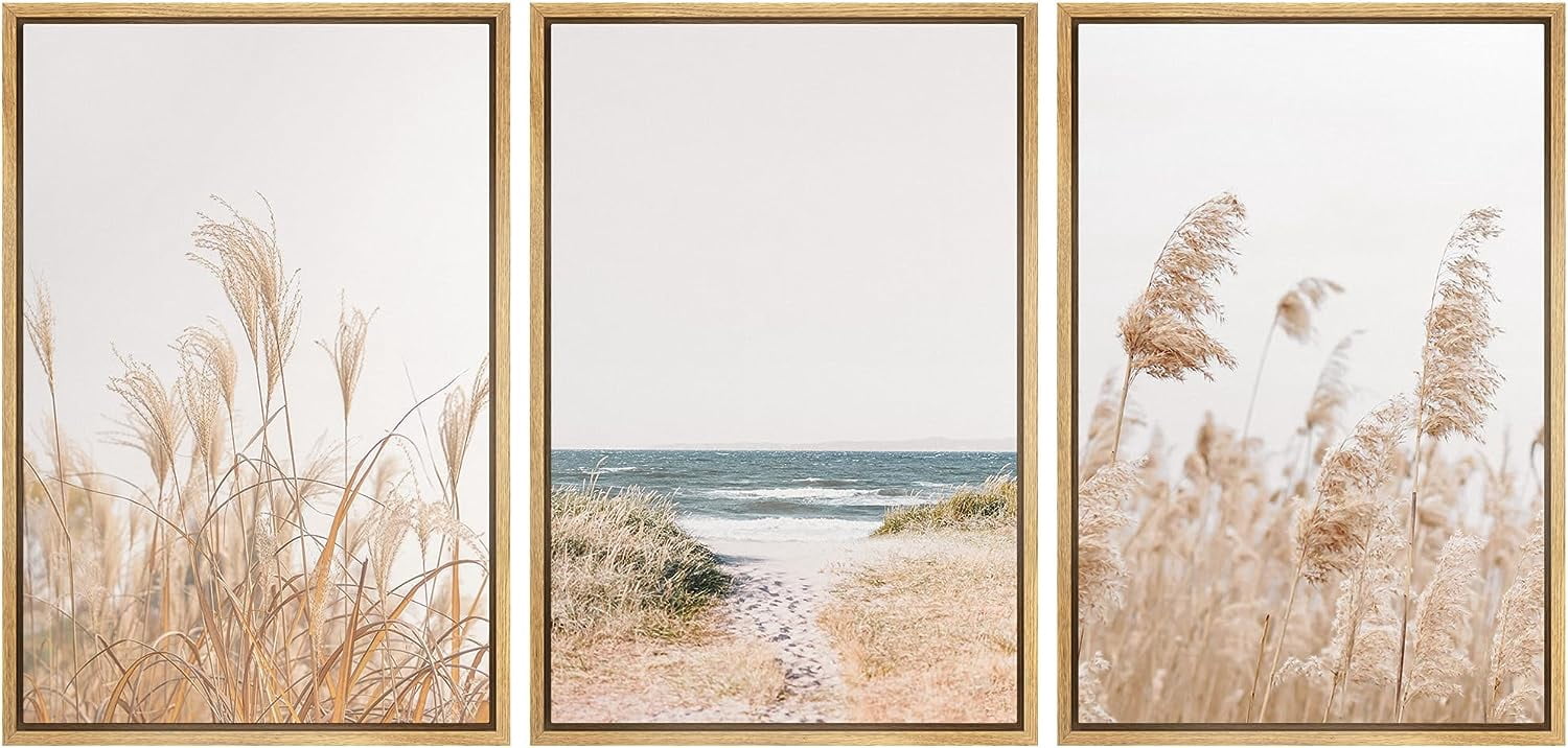 PixonSign Framed Canvas White Beach Grass Cloudy Ocean Sea Wave ...