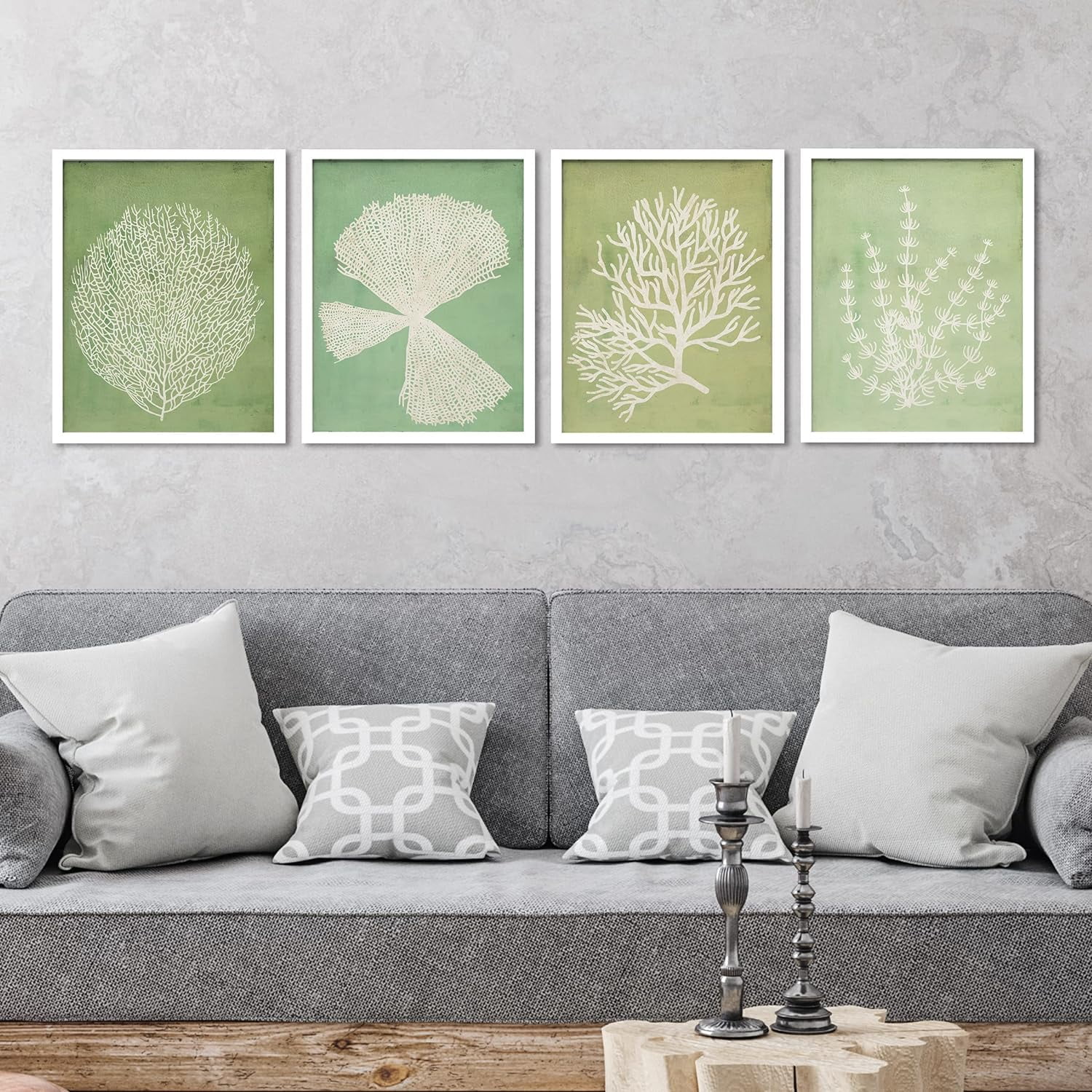 PixonSign Framed Mint Green Ocean Sea Coral Wall Art, Set of 4 Nature ...