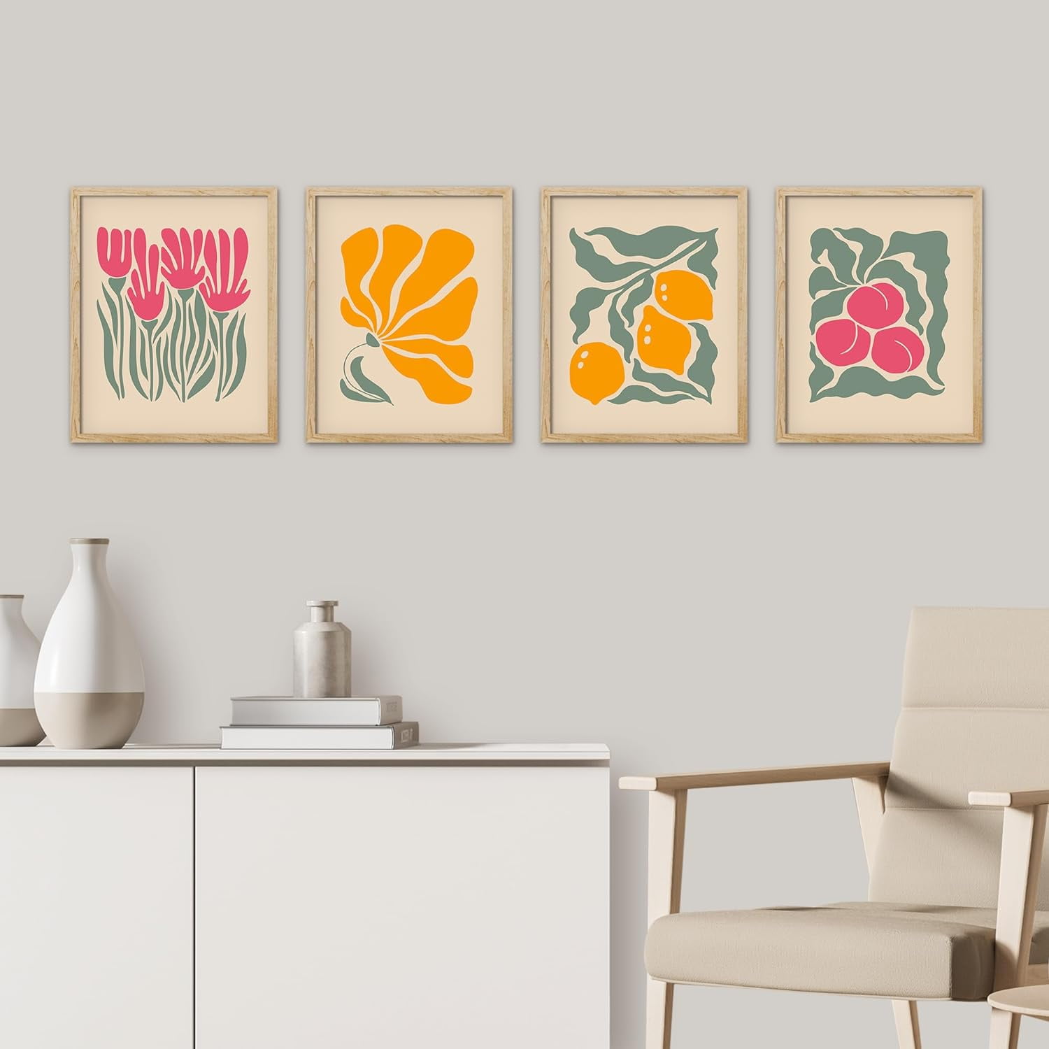 PixonSign Framed Wall Art, Abstract Flower Art Prints, Set of 4 Fruit ...