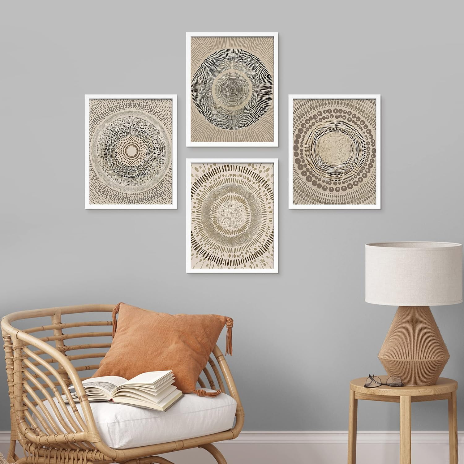 PixonSign Framed Wall Art, Beige Abstract Geometric Circle Stroke ...