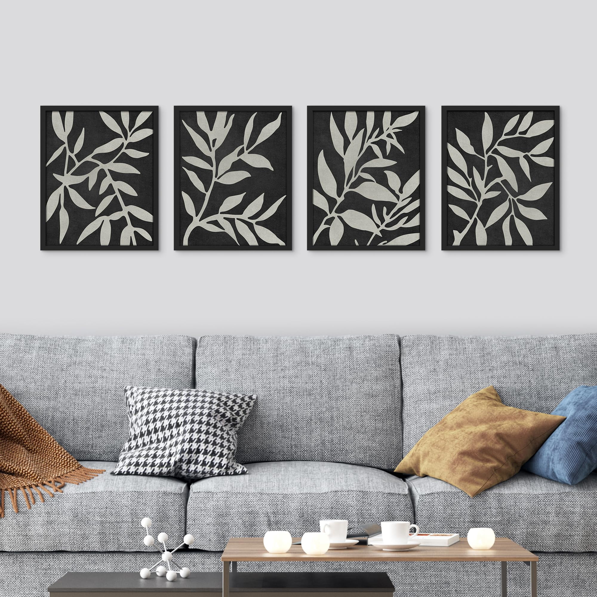 PixonSign Framed Wall Art Black and White Leaves, Set of 4 Plants ...