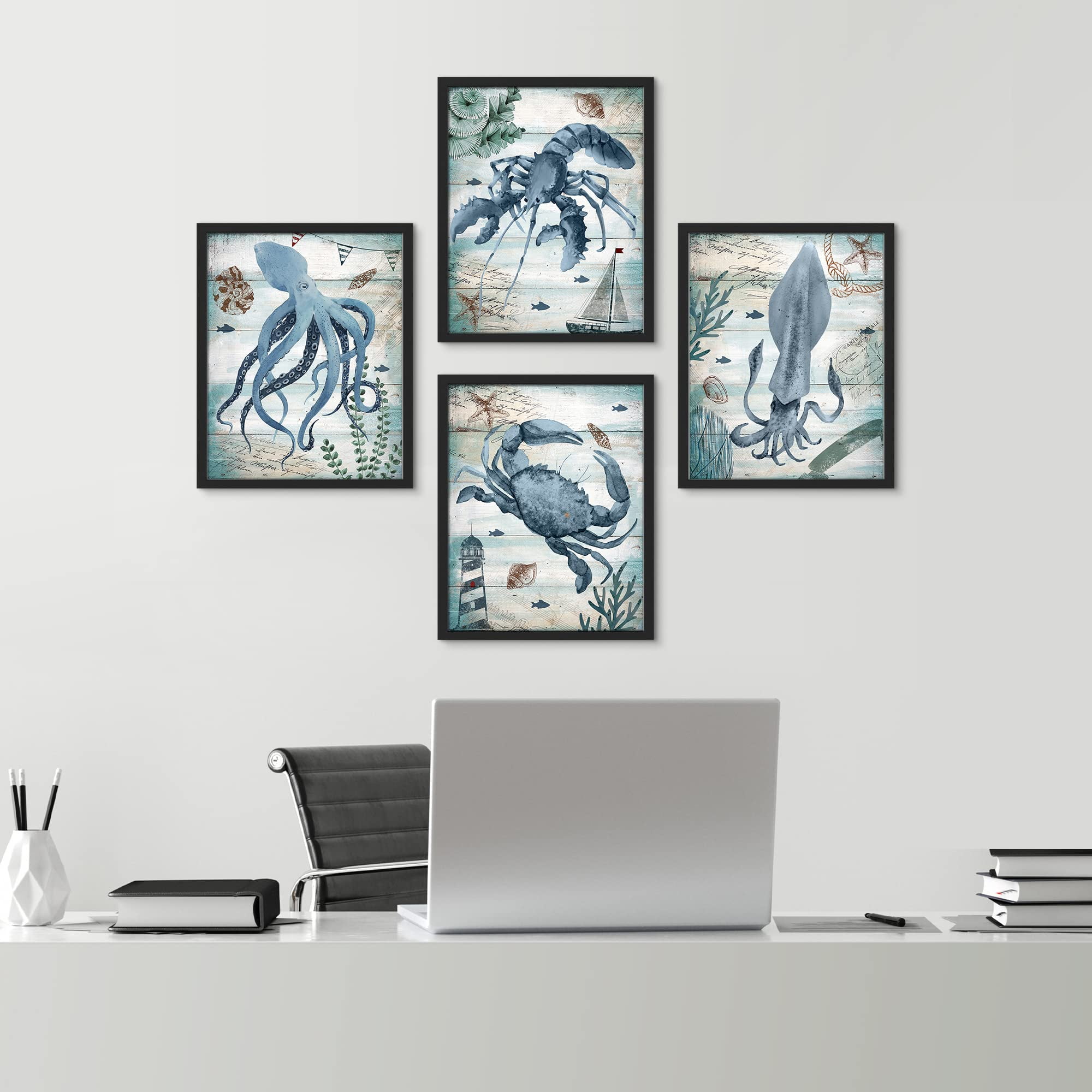 PixonSign Framed Wall Art Blue Octopus Lobster Crab Squid Fish Prints ...