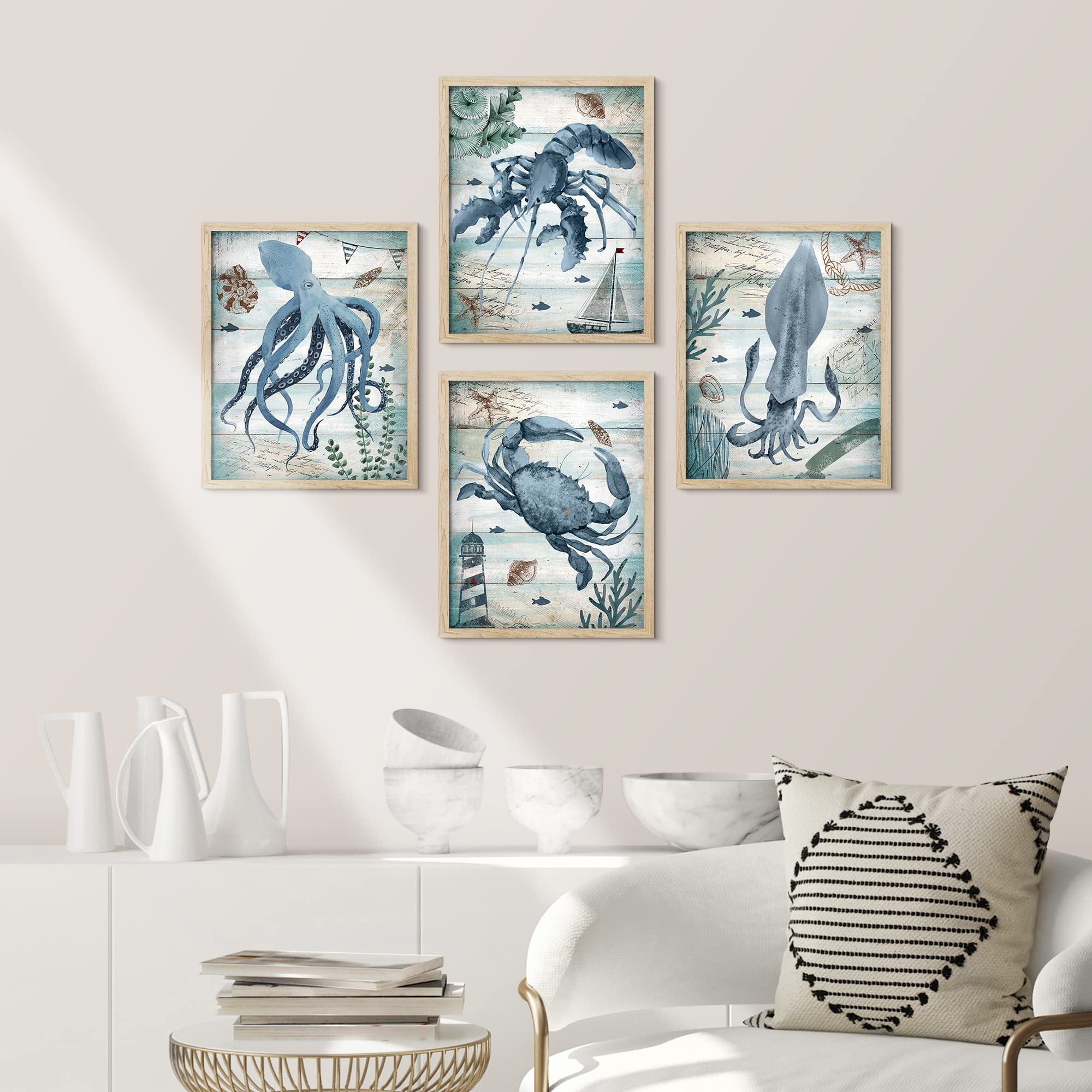 PixonSign Framed Wall Art Blue Octopus Lobster Crab Squid Fish Prints ...