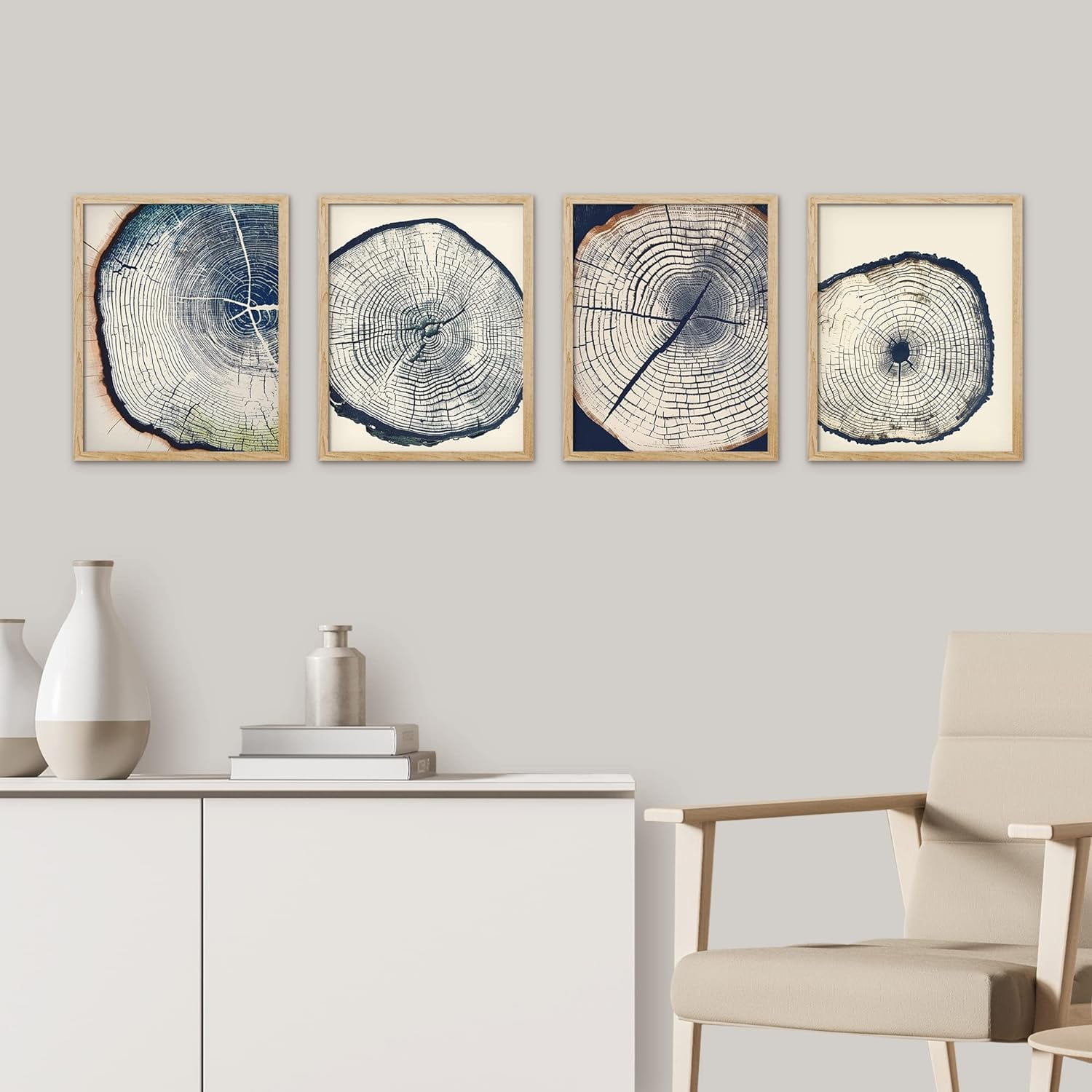 PixonSign Framed Wall Art, Blue & White Overexposed Wood Tree Ring ...
