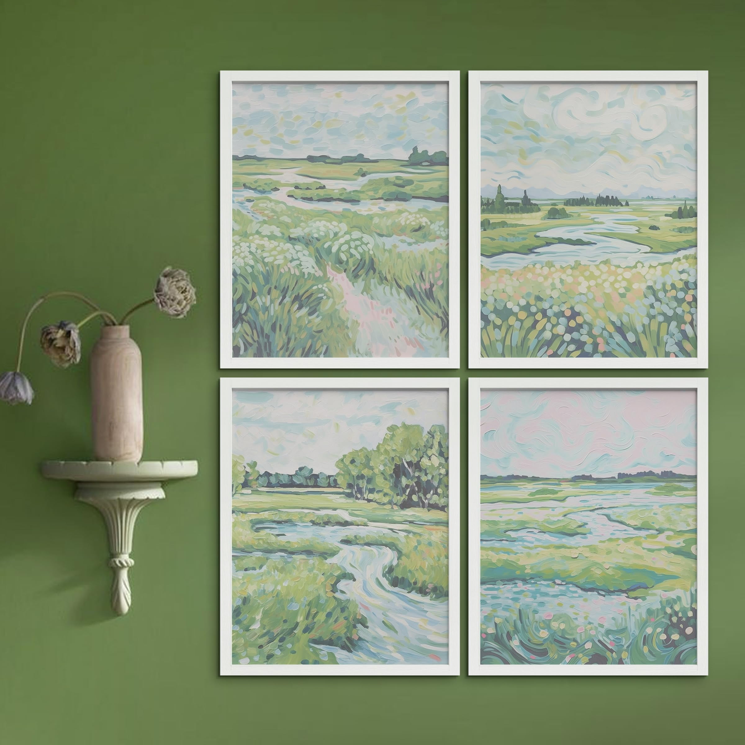 PixonSign Framed Wall Art Calming River & Green Field Landscape Posters ...