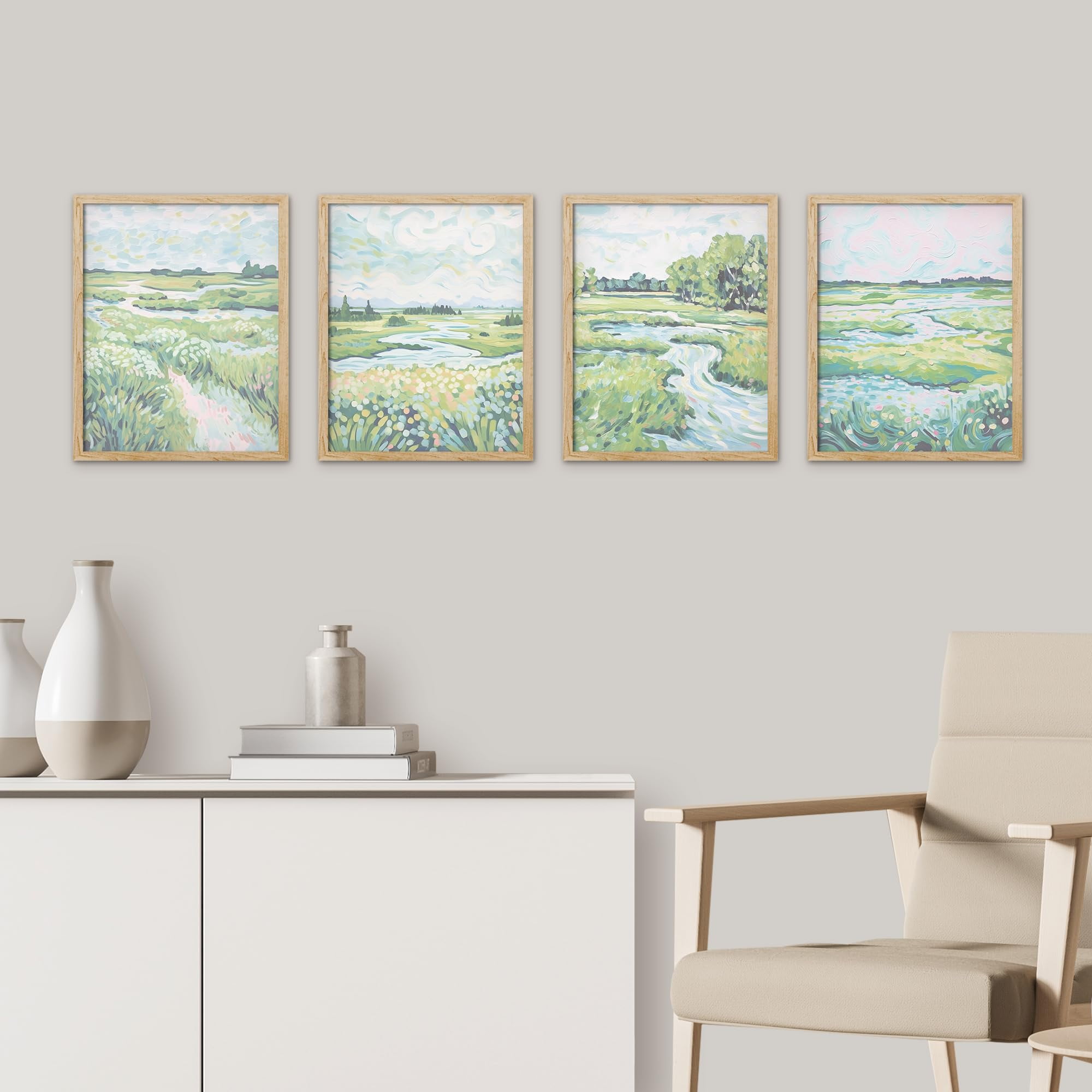 PixonSign Framed Wall Art Calming River & Green Field Landscape Posters ...