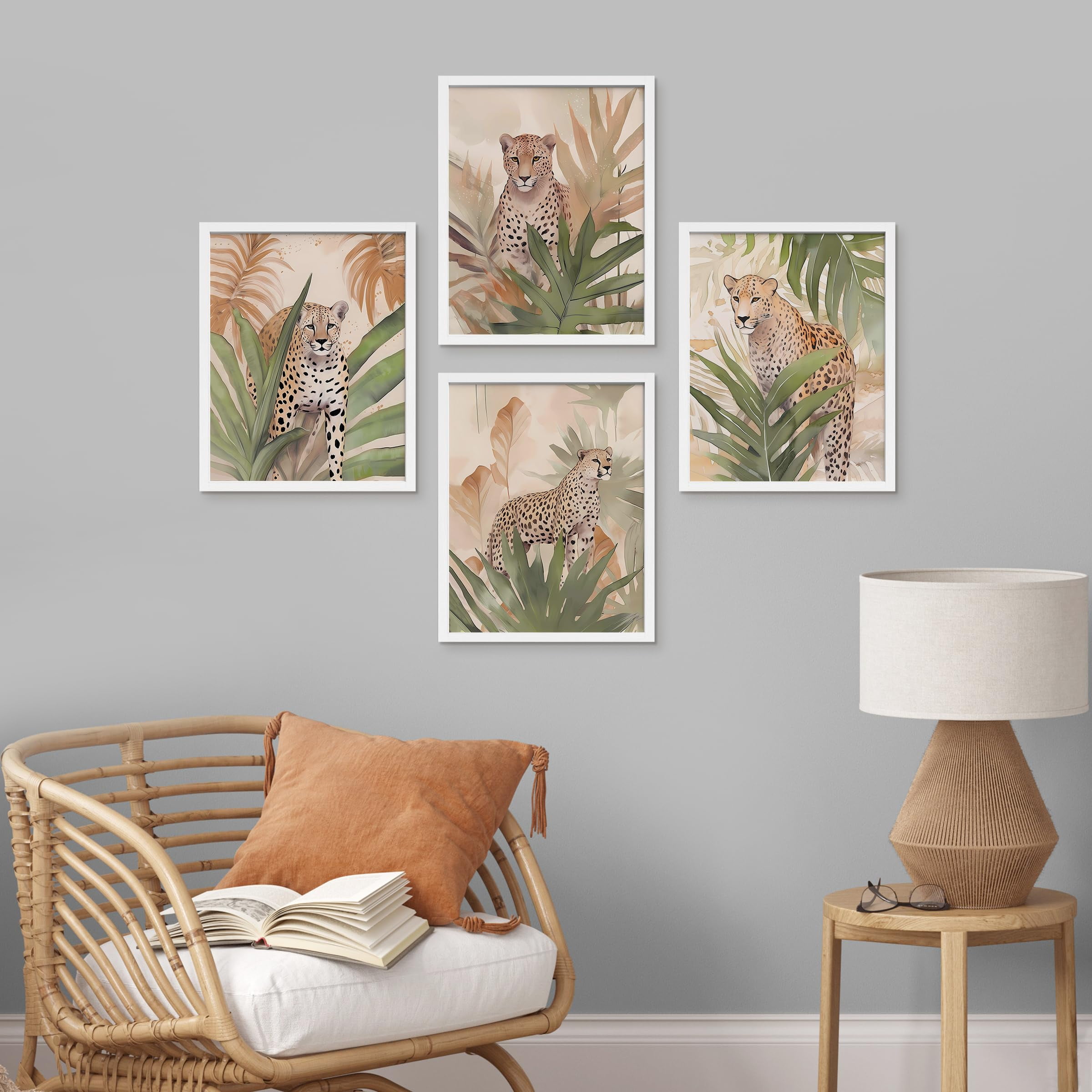 PixonSign Framed Wall Art Cheetah Cat Animal Safari Posters, Set of 4 ...