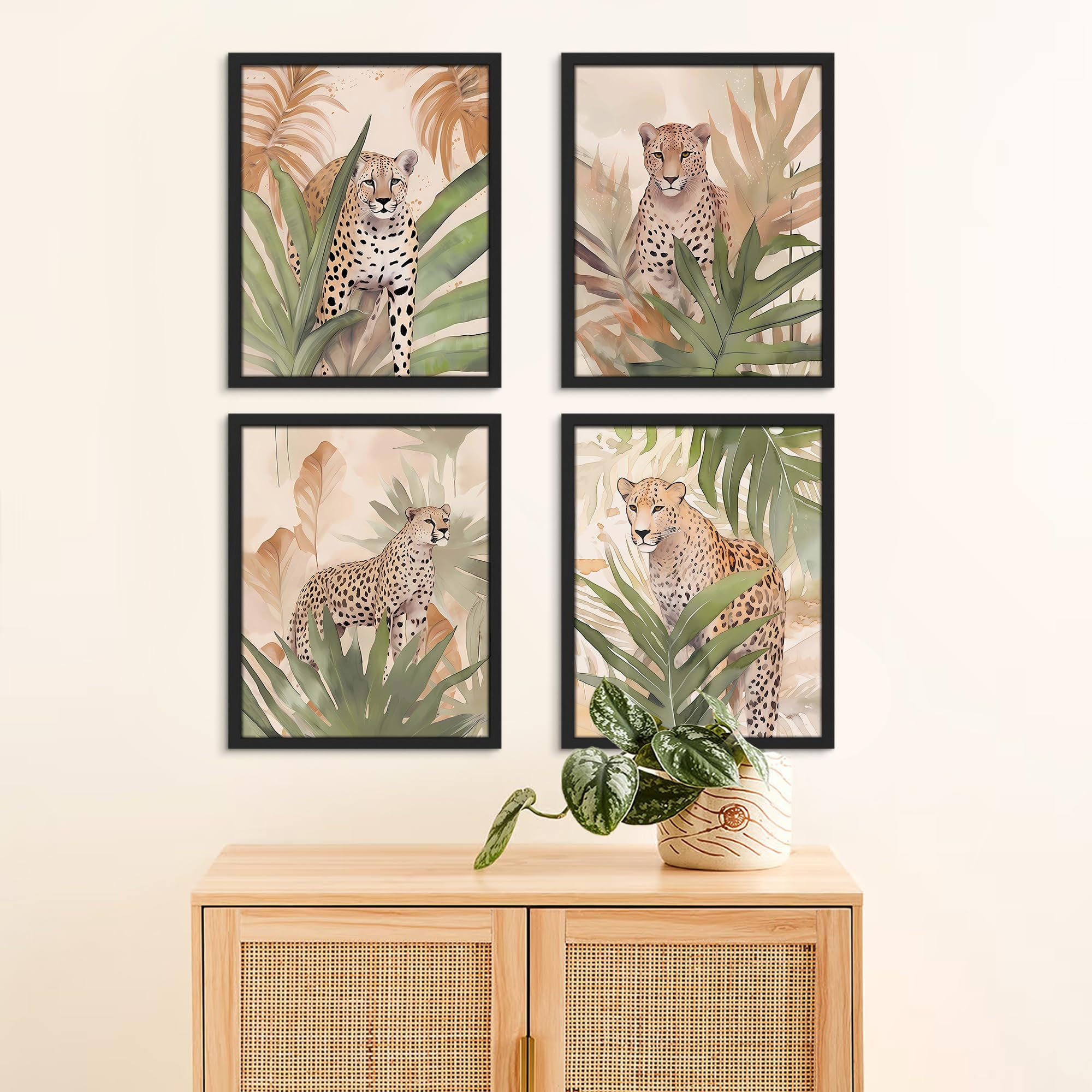 PixonSign Framed Wall Art Cheetah Cat Animal Safari Posters, Set of 4 ...