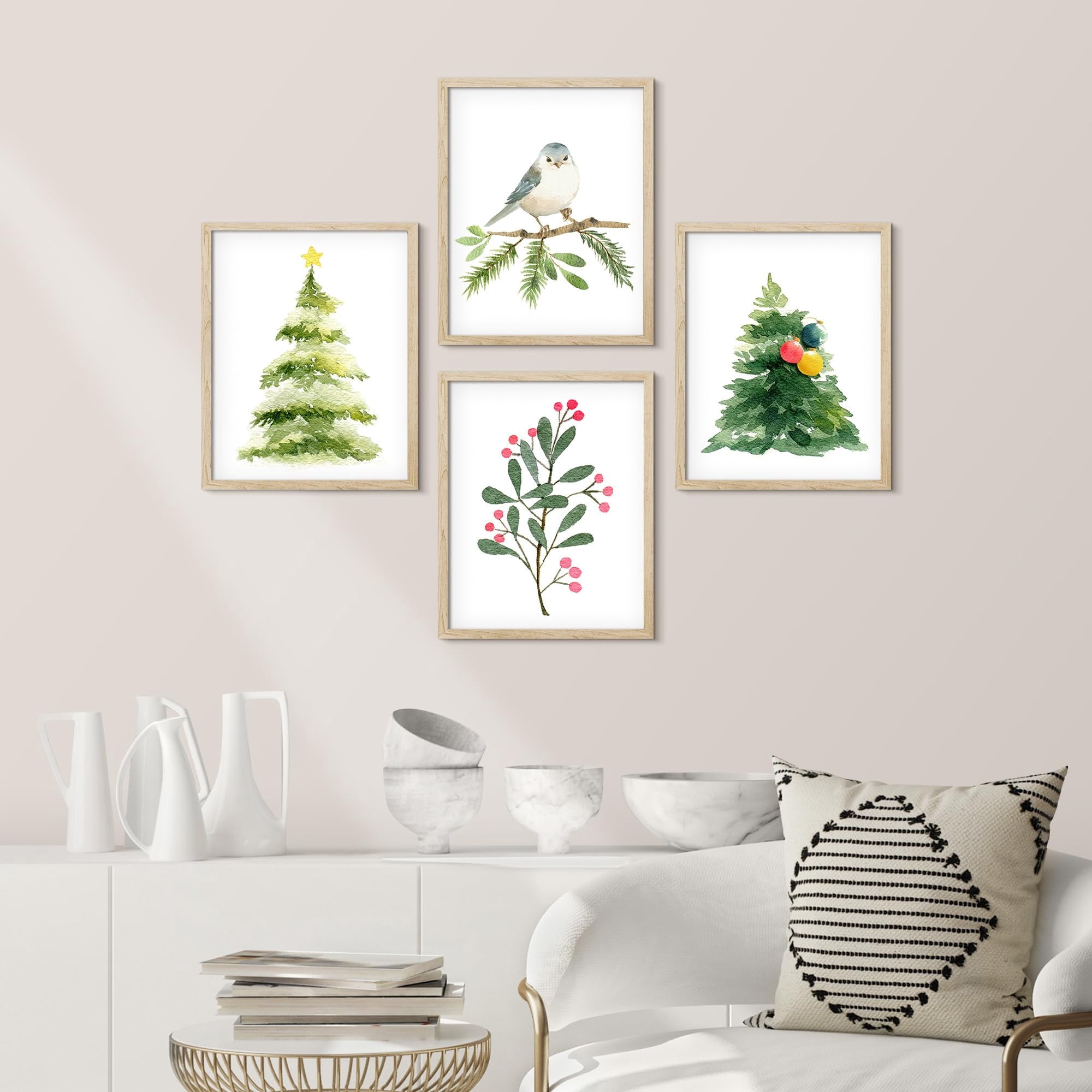 PixonSign Framed Wall Art Christmas Tree Pine Tree Bird Flower, Set of ...