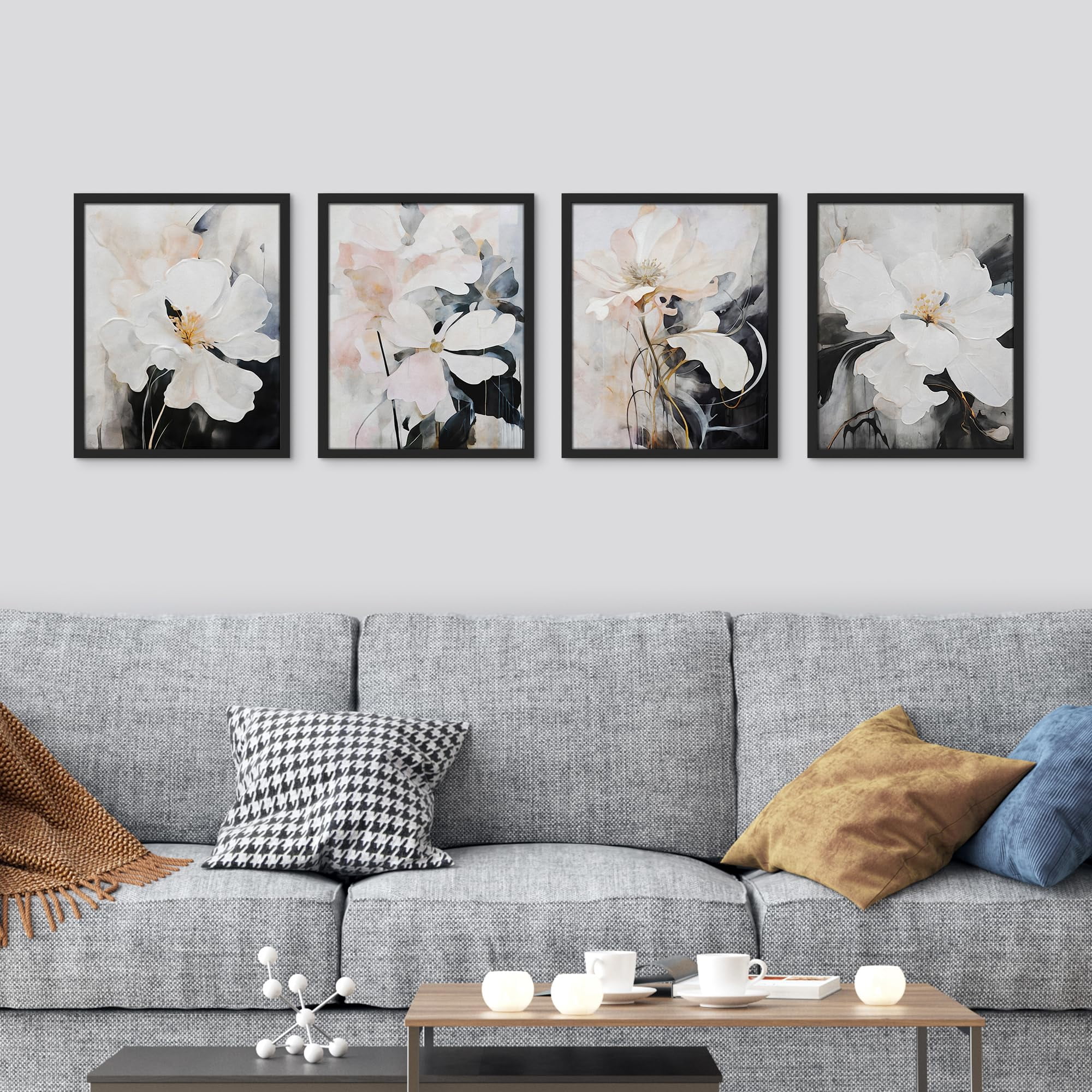 PixonSign Framed Wall Art Elegant Magnolia Prints, Set of 4 Watercolor ...