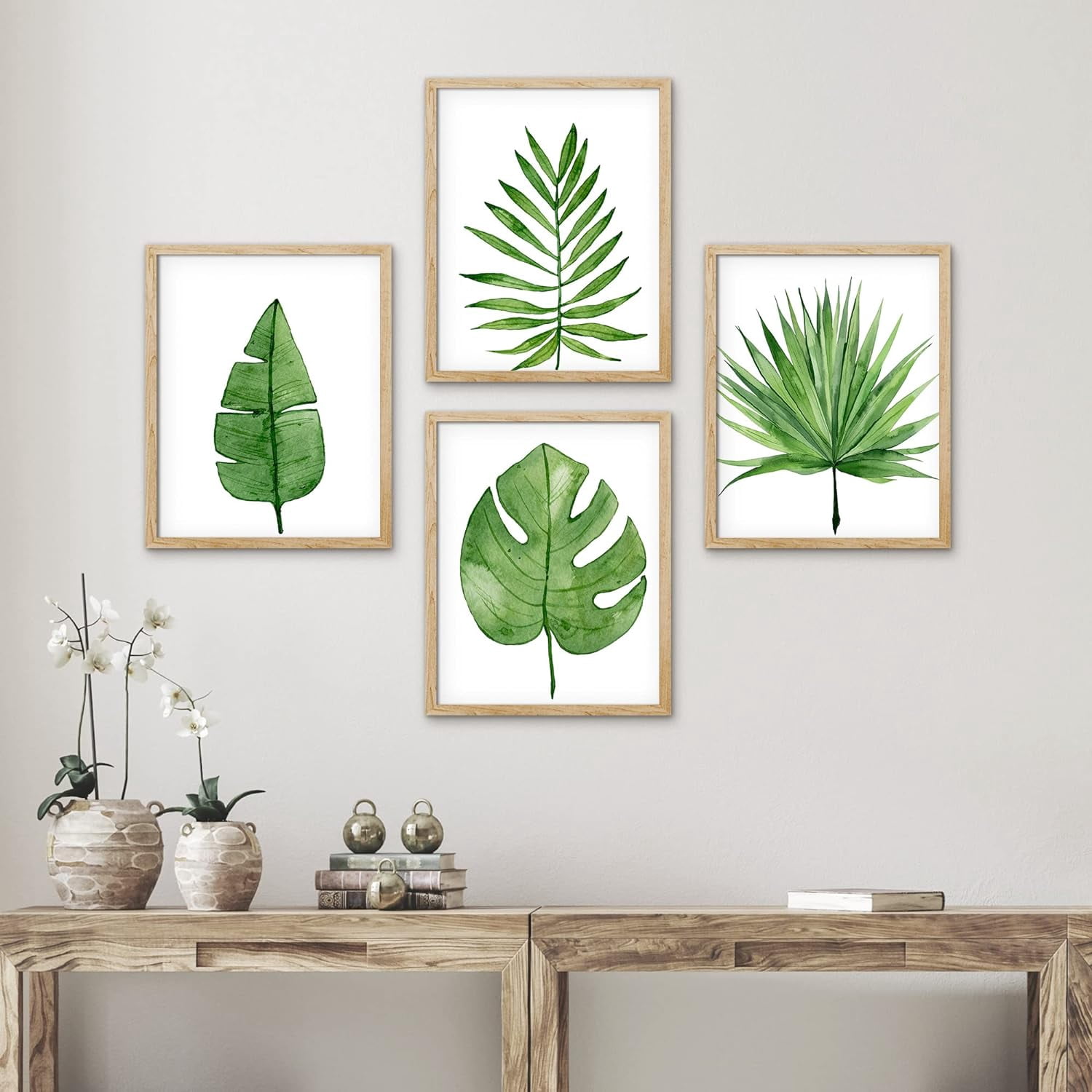 PixonSign Framed Wall Art Emerald Green Jungle Plants Print, Set of 4 ...