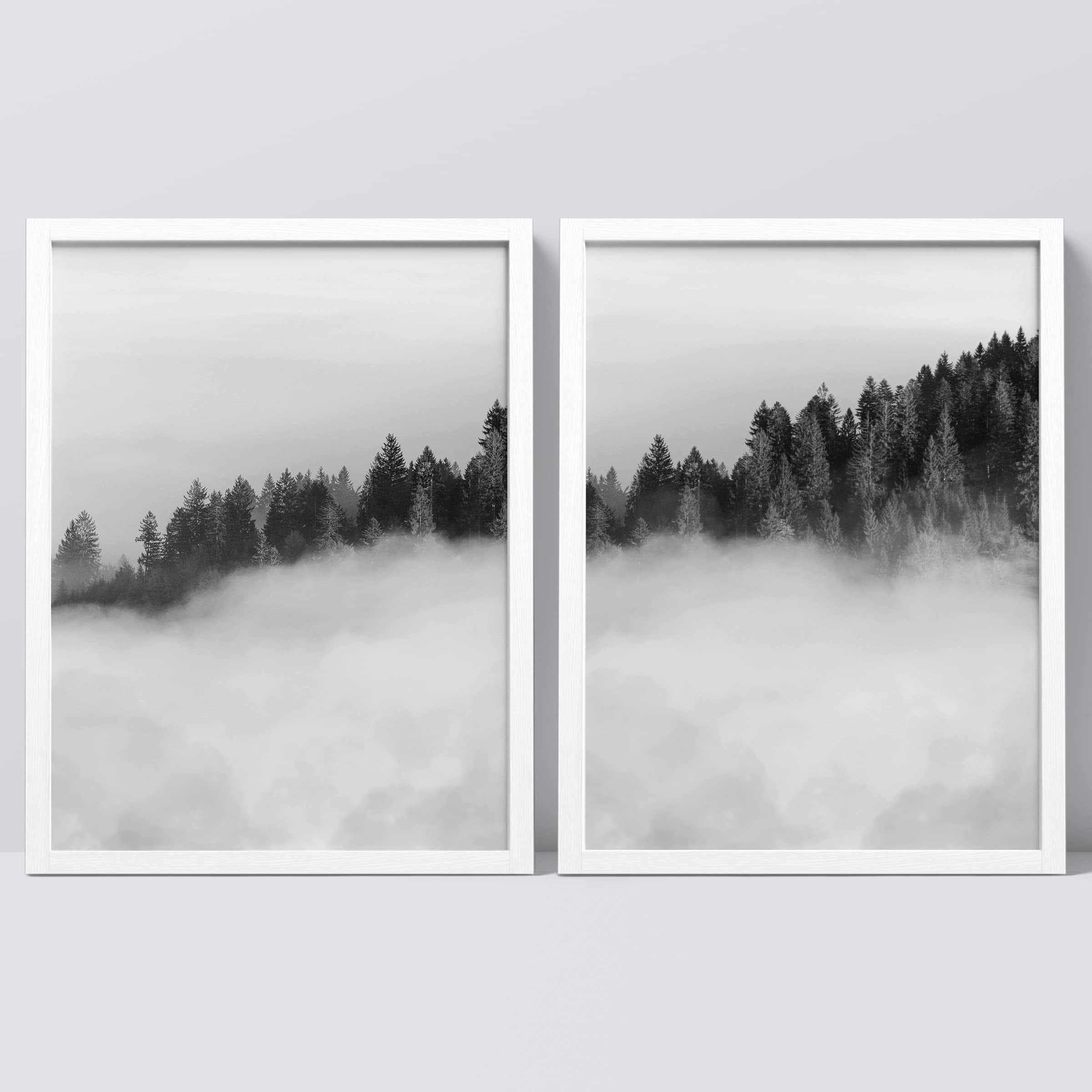 PixonSign Framed Wall Art Fog Mountain Forest Posters, Set of 2 Nature ...