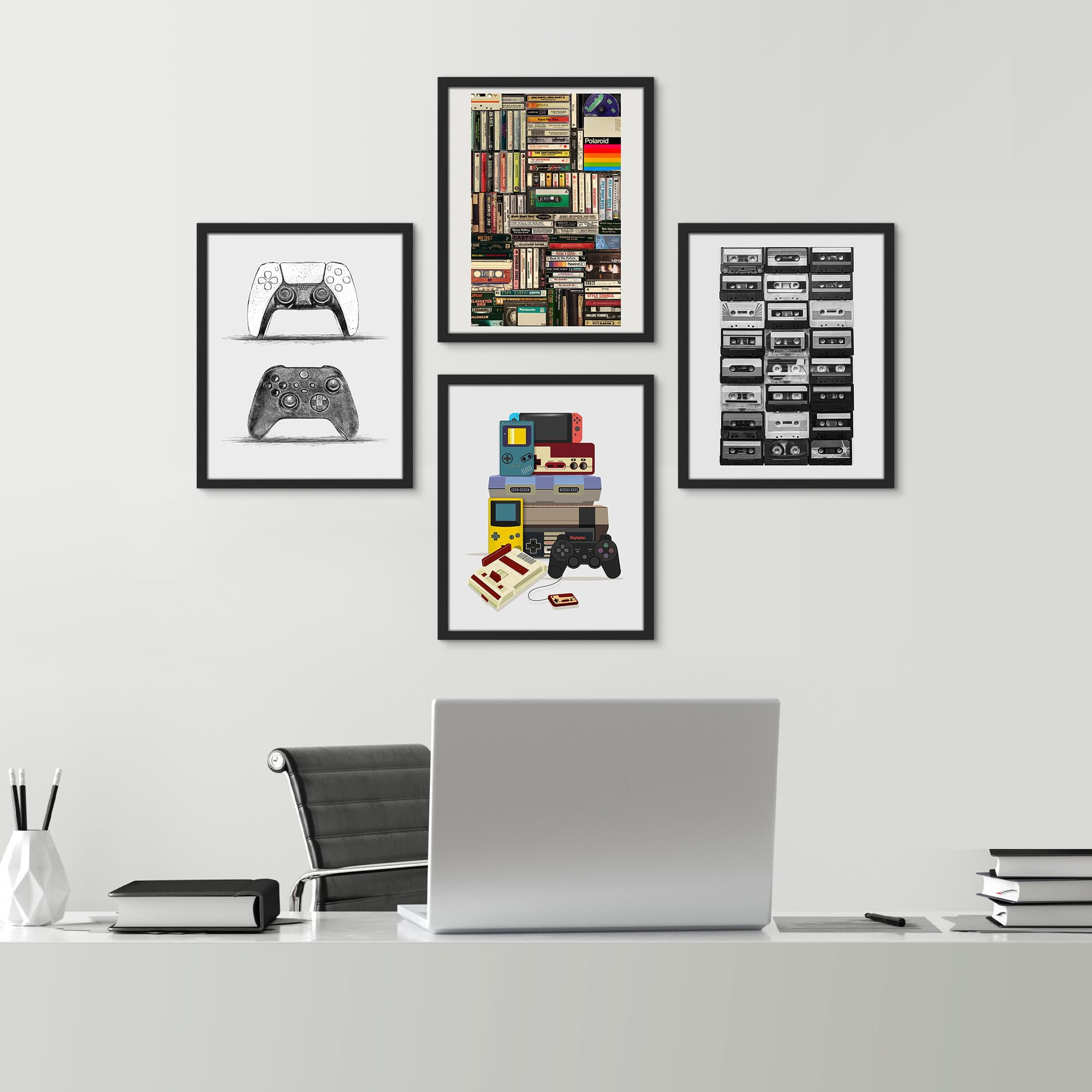 PixonSign Framed Wall Art Gamepad & Books Realism Posters, Set of 4 ...
