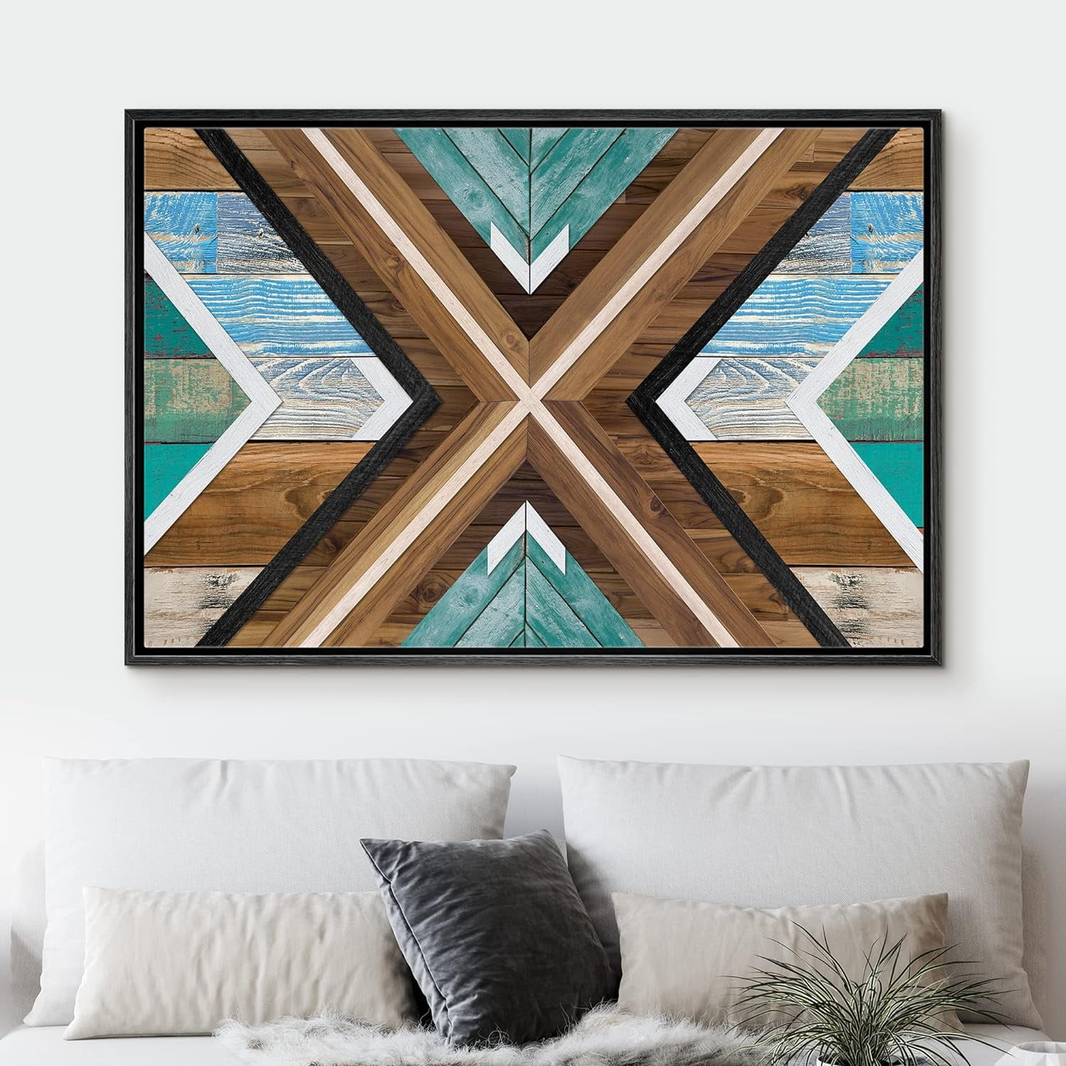 PixonSign Framed Wall Art Geometric Blue Brown Wood Collage Abstract ...