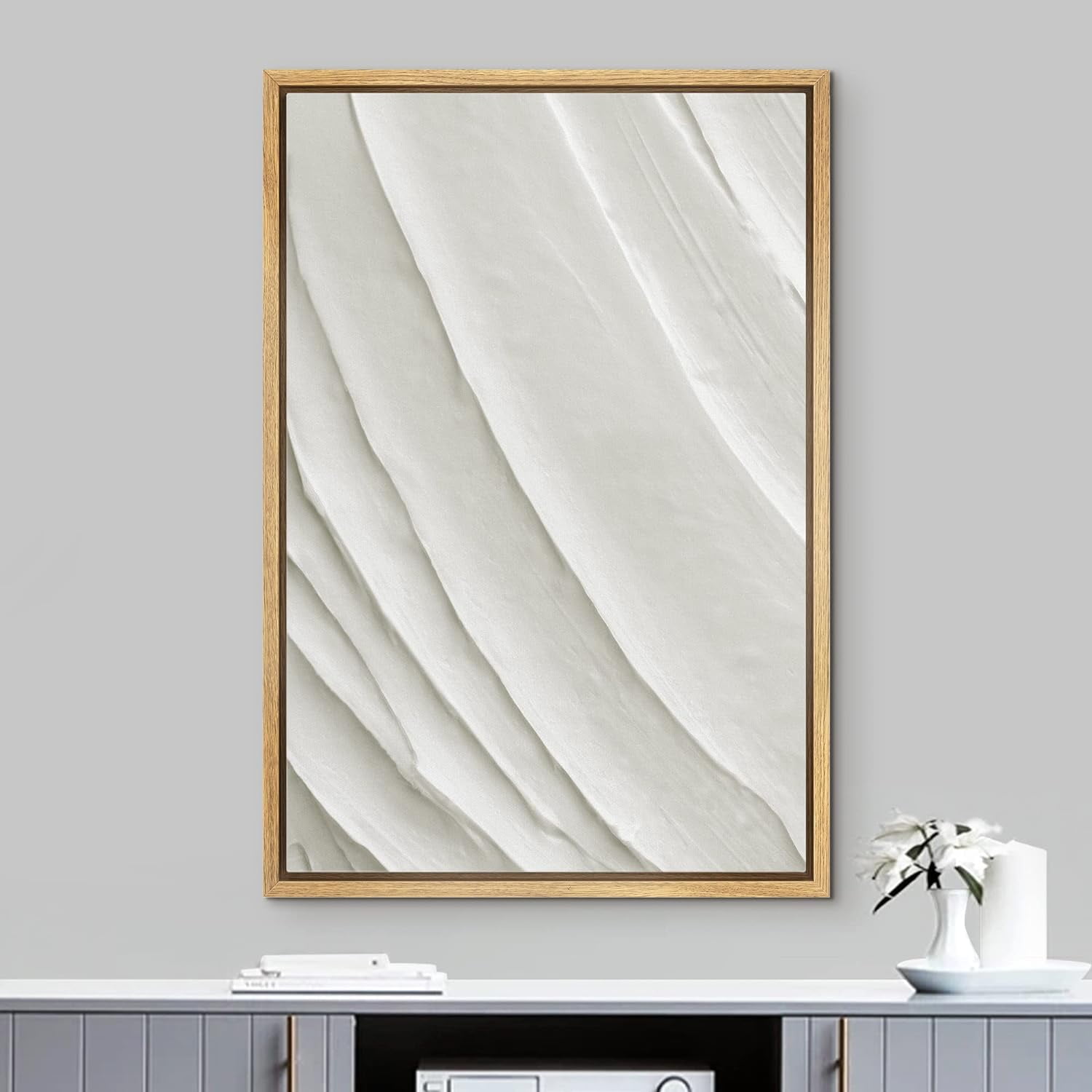 PixonSign Framed Wall Art Geometric White Paint Stroke Wave Pattern ...