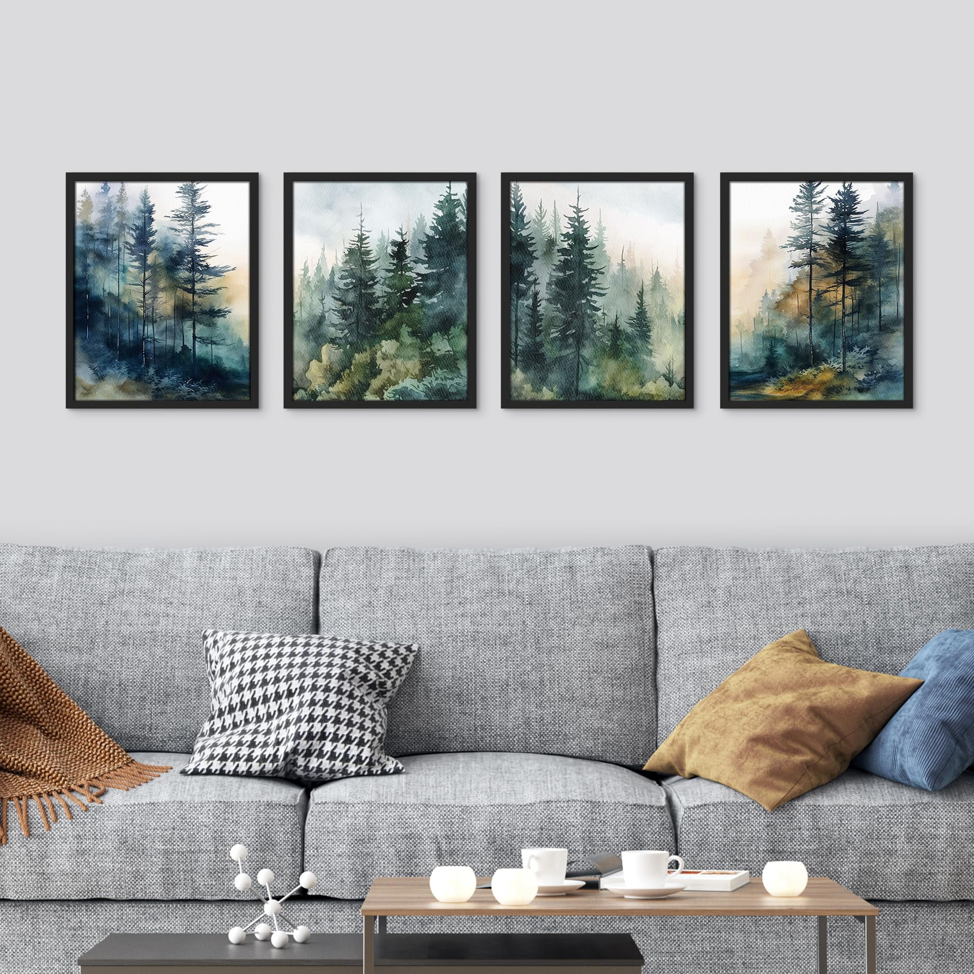 PixonSign Framed Wall Art Green & Teal Watercolor Forest Pine Trees ...