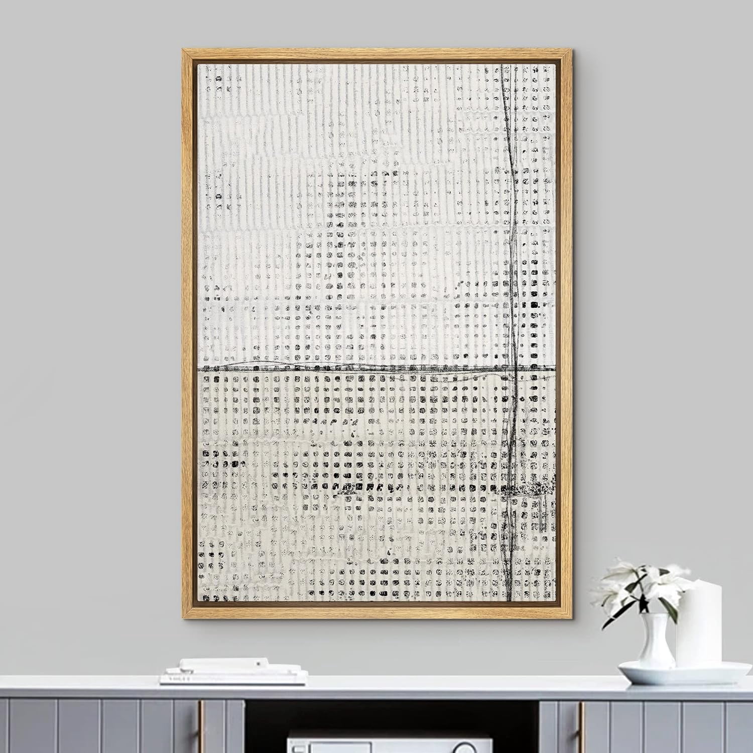 PixonSign Framed Wall Art Grunge White Tan Geometric Grid Pattern ...